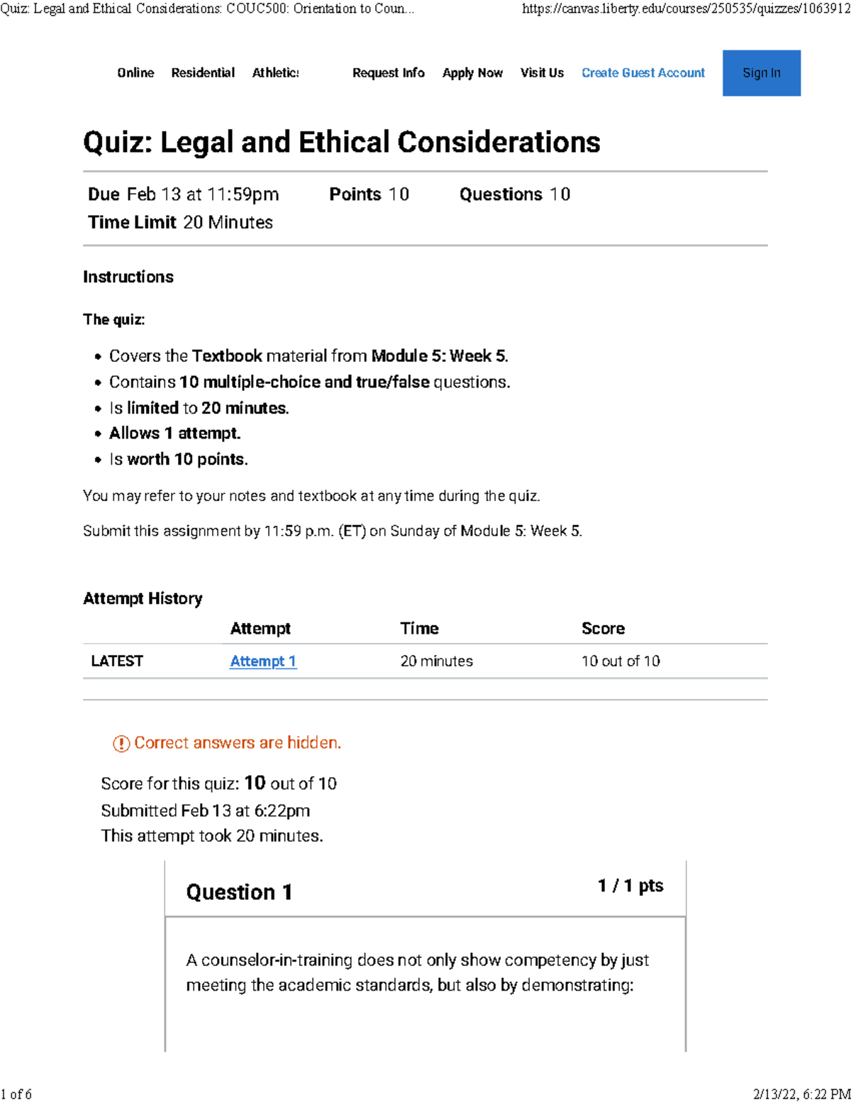 Quiz on Legal & Ethical Considerations COUC500 - Counselor Identity ...