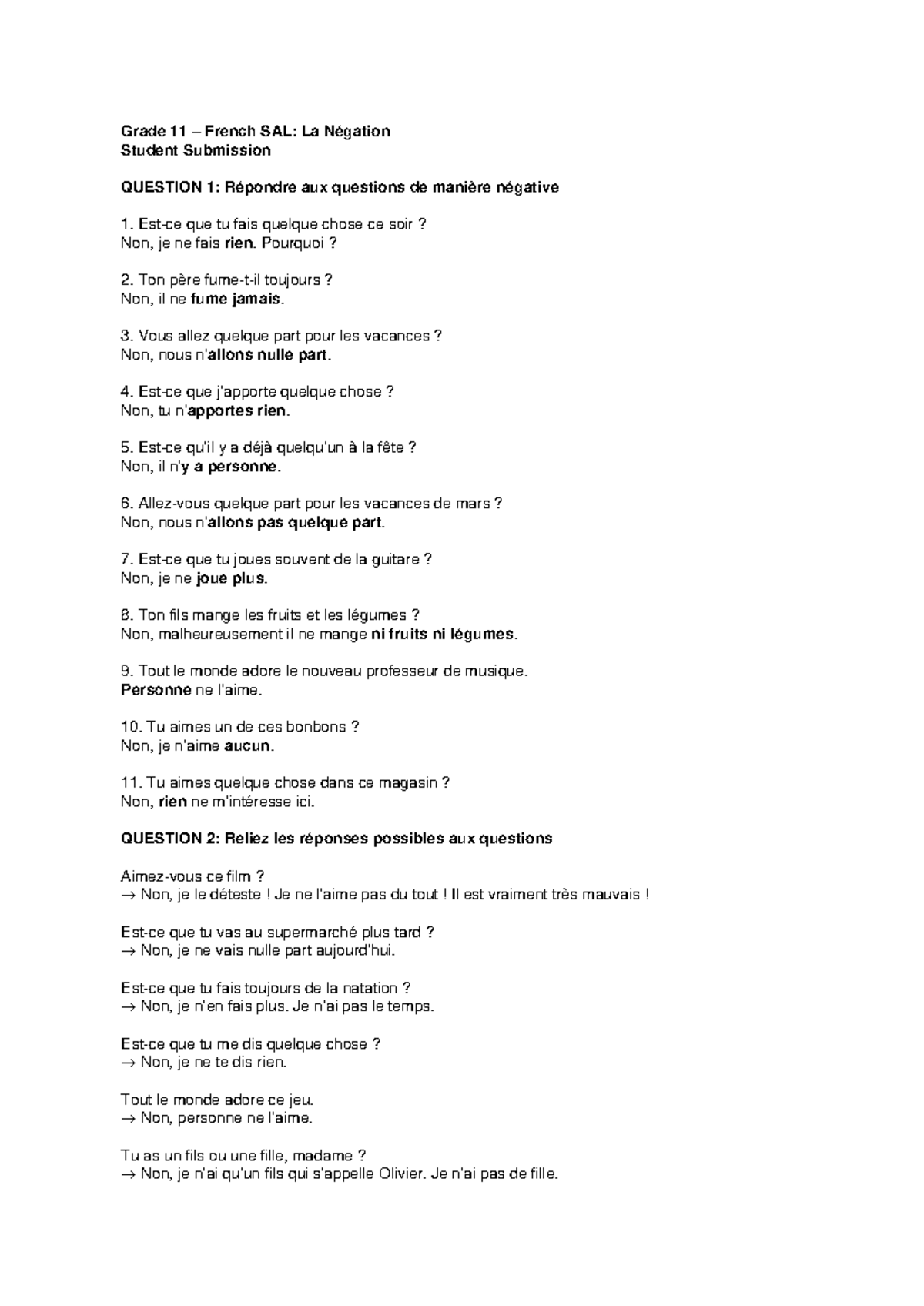 Grade 11 French SAL: La Négation Student Responses - Studocu
