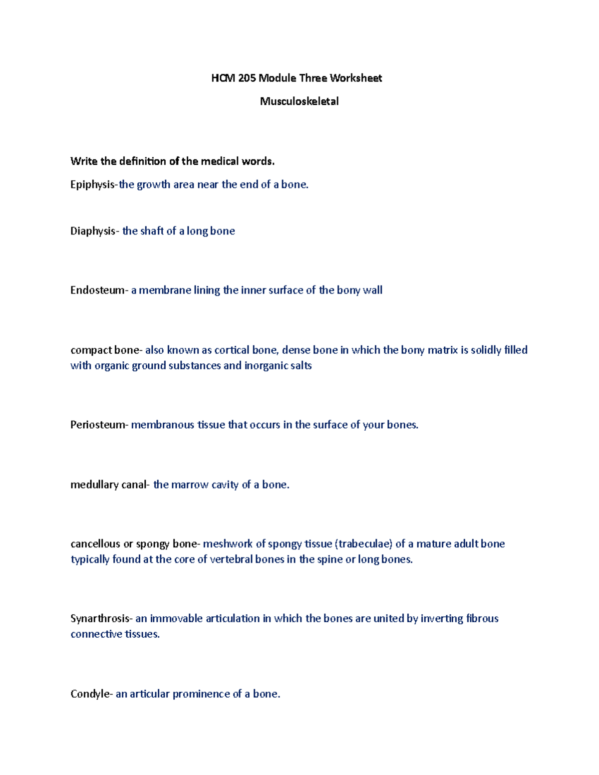 HCM 205 Module 3 Worksheet: Musculoskeletal Terminology Overview - Studocu