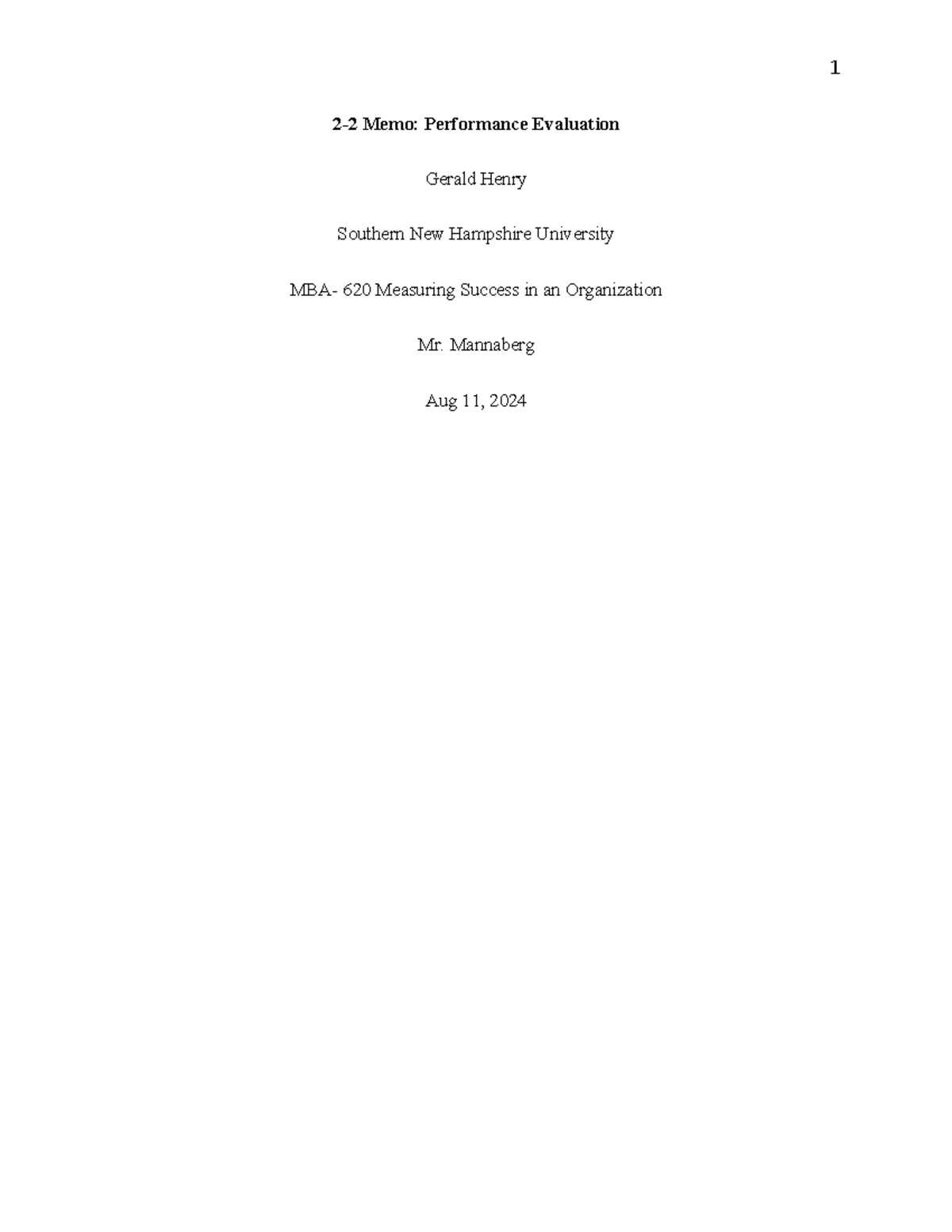 MBA 620 2-2 Memo: Performance Evaluation & Strategic KPI Goals - Studocu