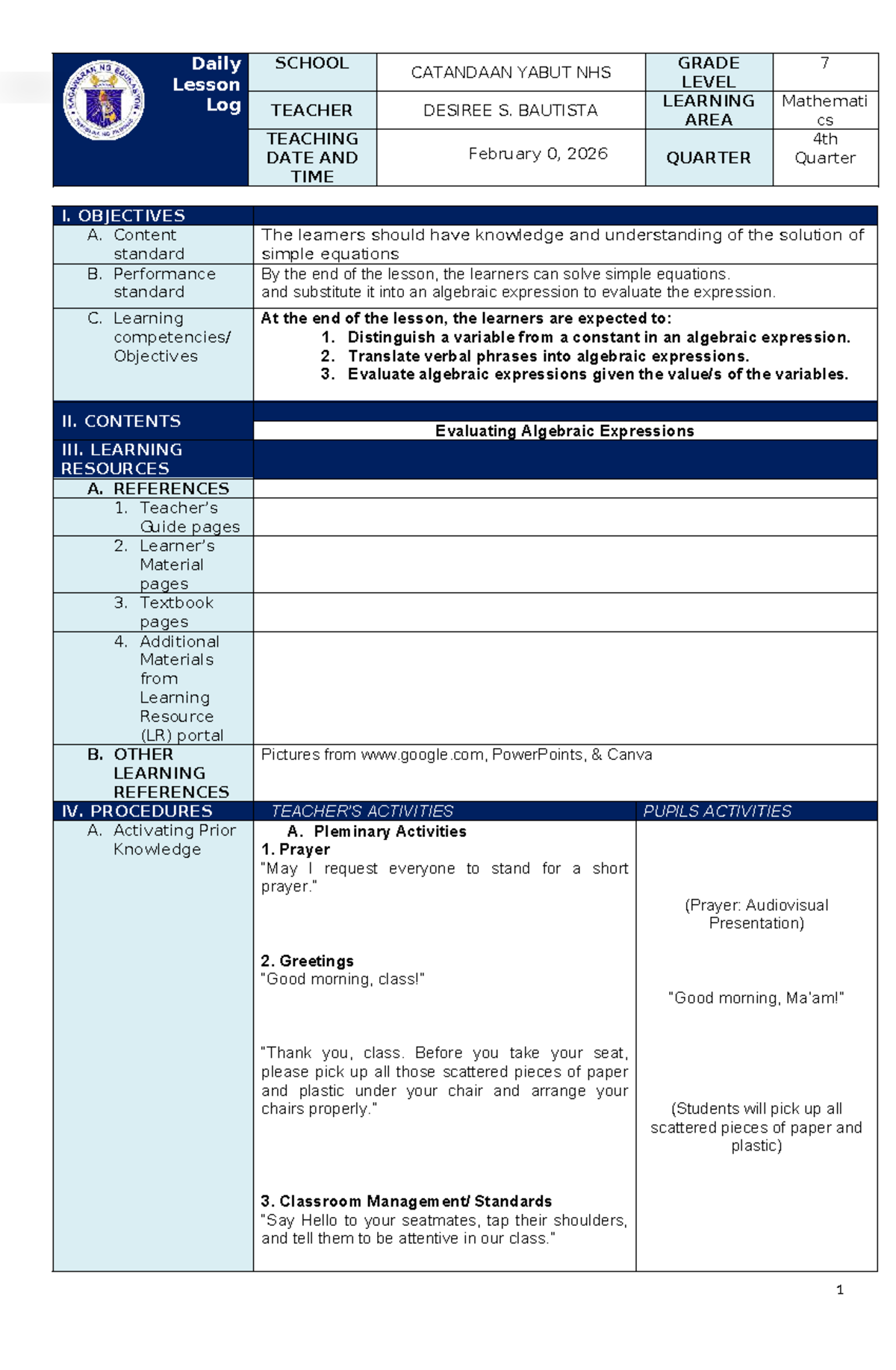 Detailed Lesson Plan: Evaluating Algebraic Expressions (Math 4) - Studocu