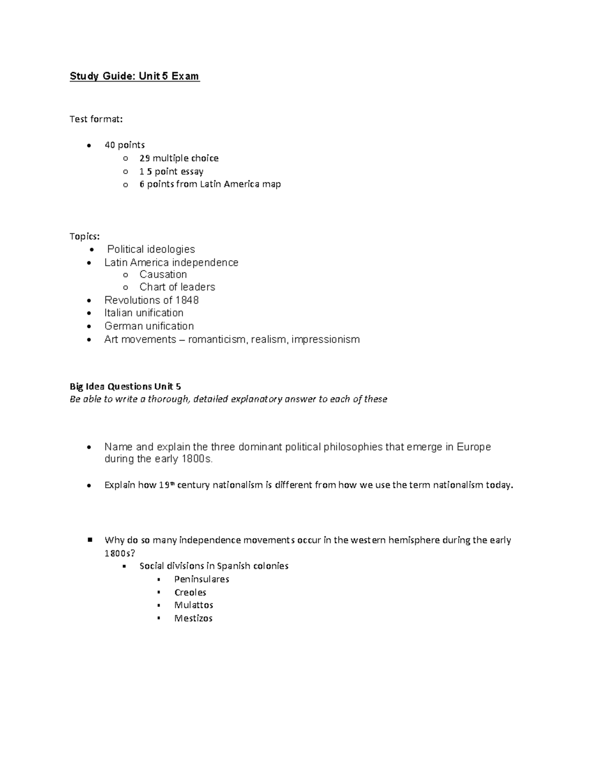 Unit 5 Exam Study Guide: Political Ideologies & Latin American ...