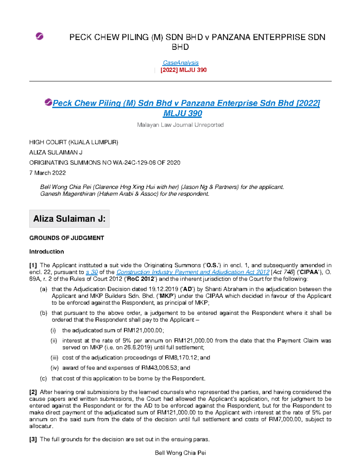 Peck Chew Piling (M) Sdn Bhd v Panzana Enterprise Sdn Bhd: Case Study ...