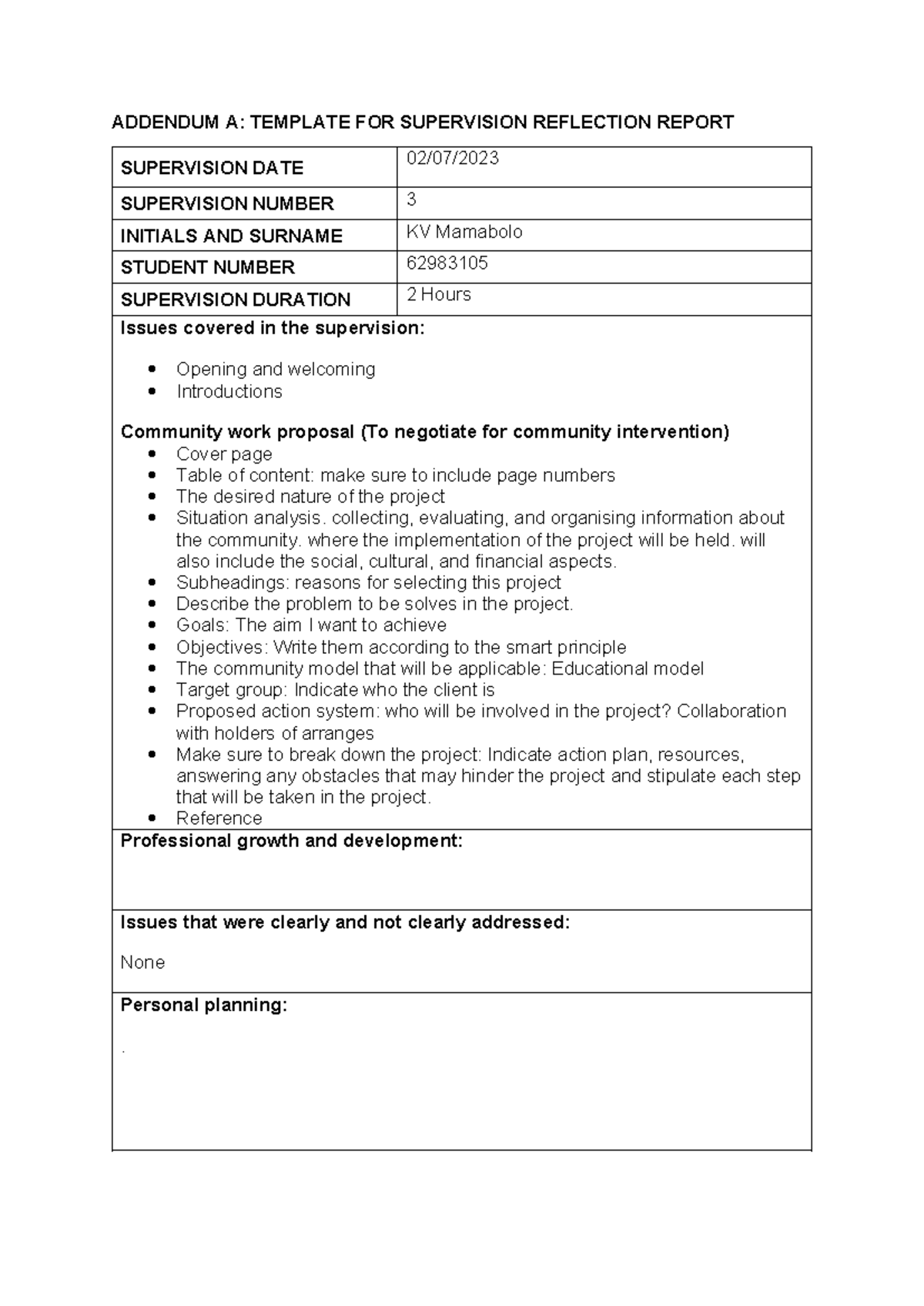 Supervision Reflection Report 3 - BSW3705 Addendum Template - Studocu