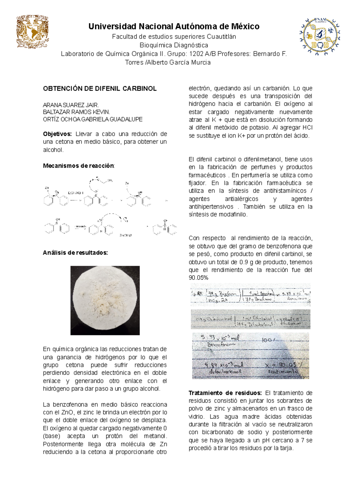 Reporte 2: Síntesis de Difenil Carbinol en Química Orgánica II - Studocu
