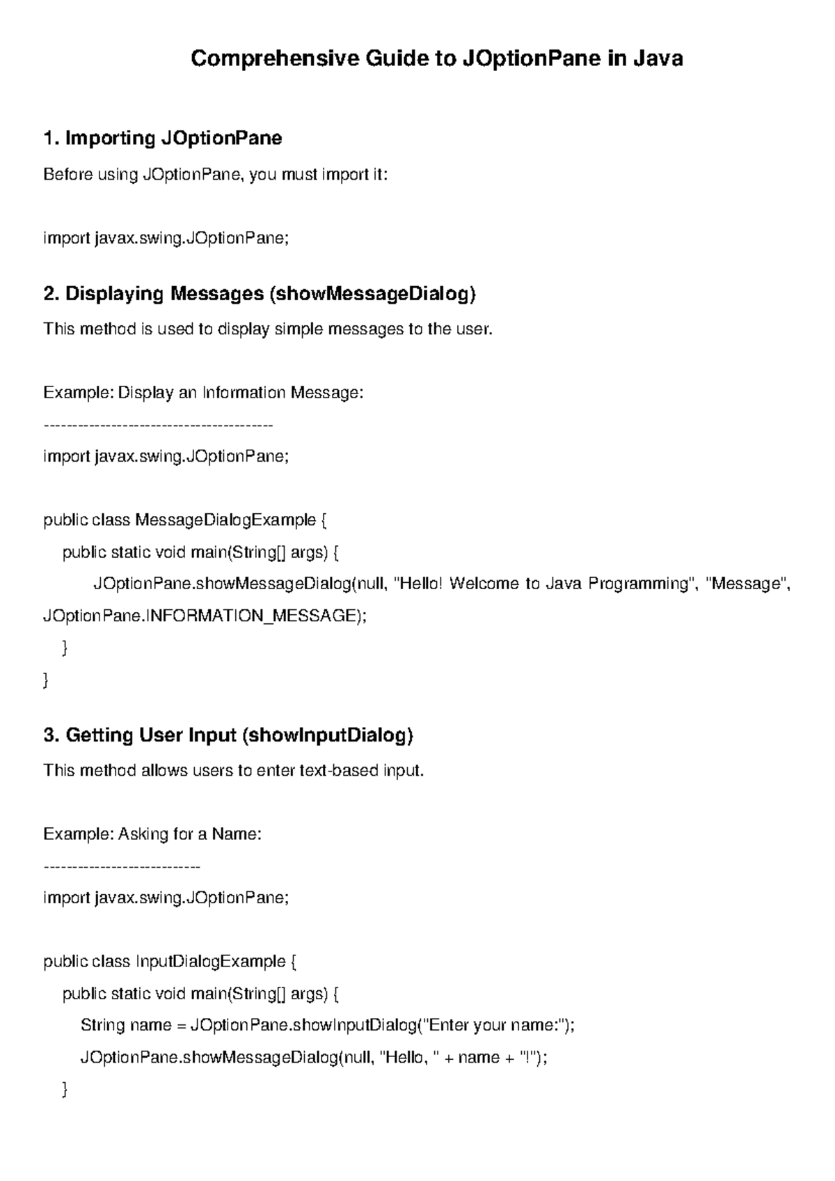 Comprehensive Guide to JOptionPane in Java (CS101 Lecture Notes) - Studocu