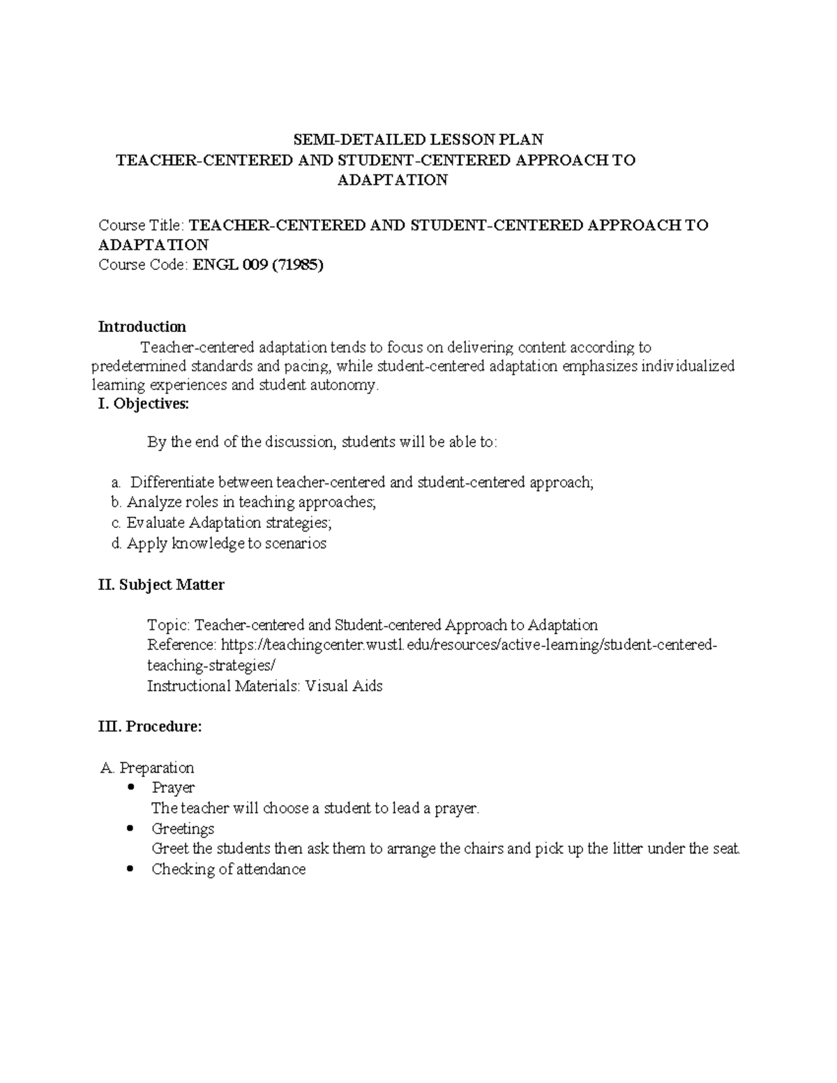 Lesson Plan on Teacher-Centered & Student-Centered Approaches ENGL009 ...