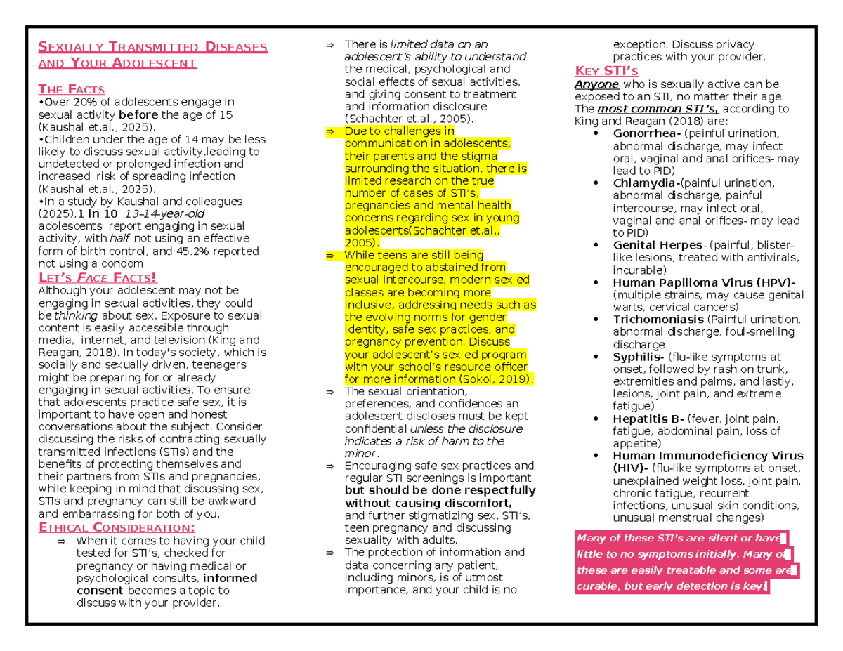 Psycfpx 2800 Assessment 1: STI Awareness Pamphlet for Adolescents - Studocu