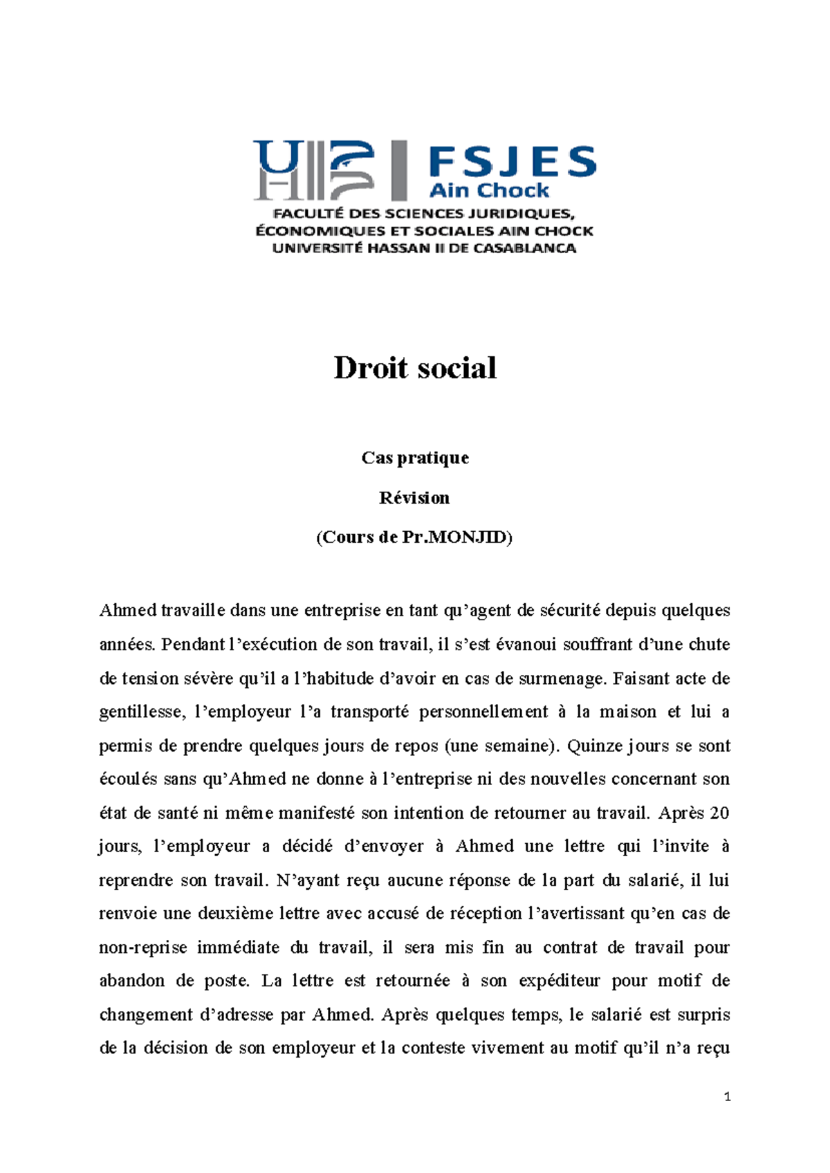 Droit Social - Cas Pratique Révision (Cours de Pr.MONJID) - Studocu