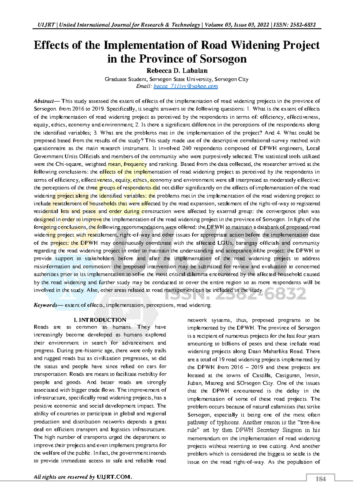 Effects of Road Widening Projects in Sorsogon: A Study (UIJRT 3I30024 ...