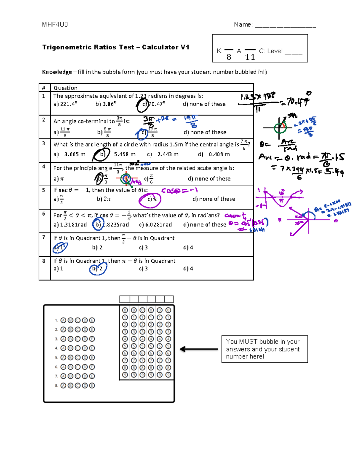 MHF4U0 Trigonometric Ratios Practice Test - Calculator V - Studocu