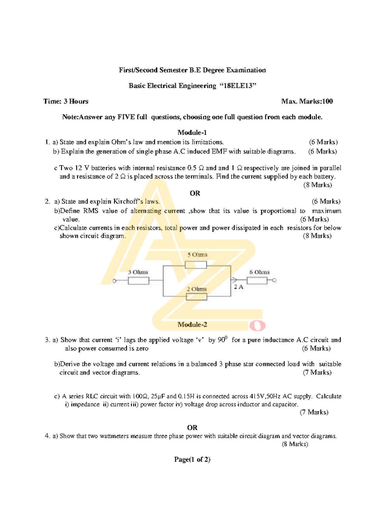 18ELE13 Basic Electrical Engineering Model Paper for B Degree Exam - Studocu