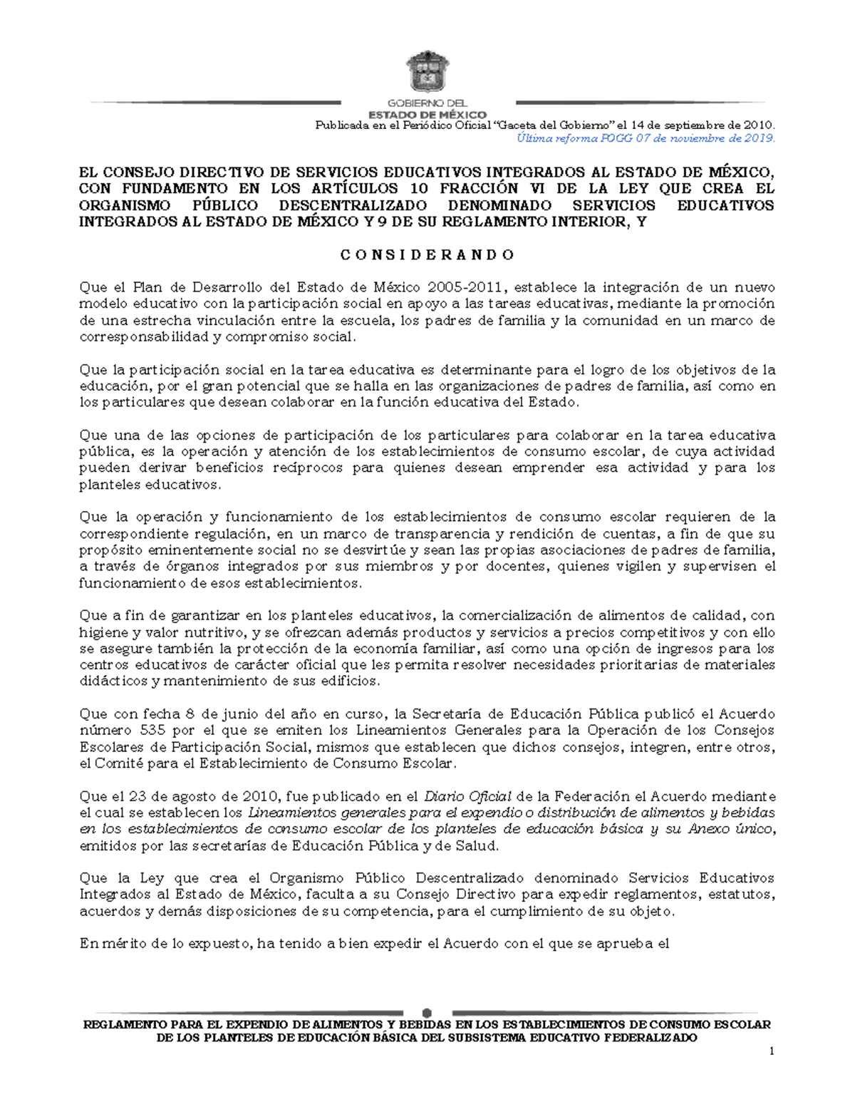 Reglamento para el Expendio de Alimentos en Planteles Educativos SEIEM ...