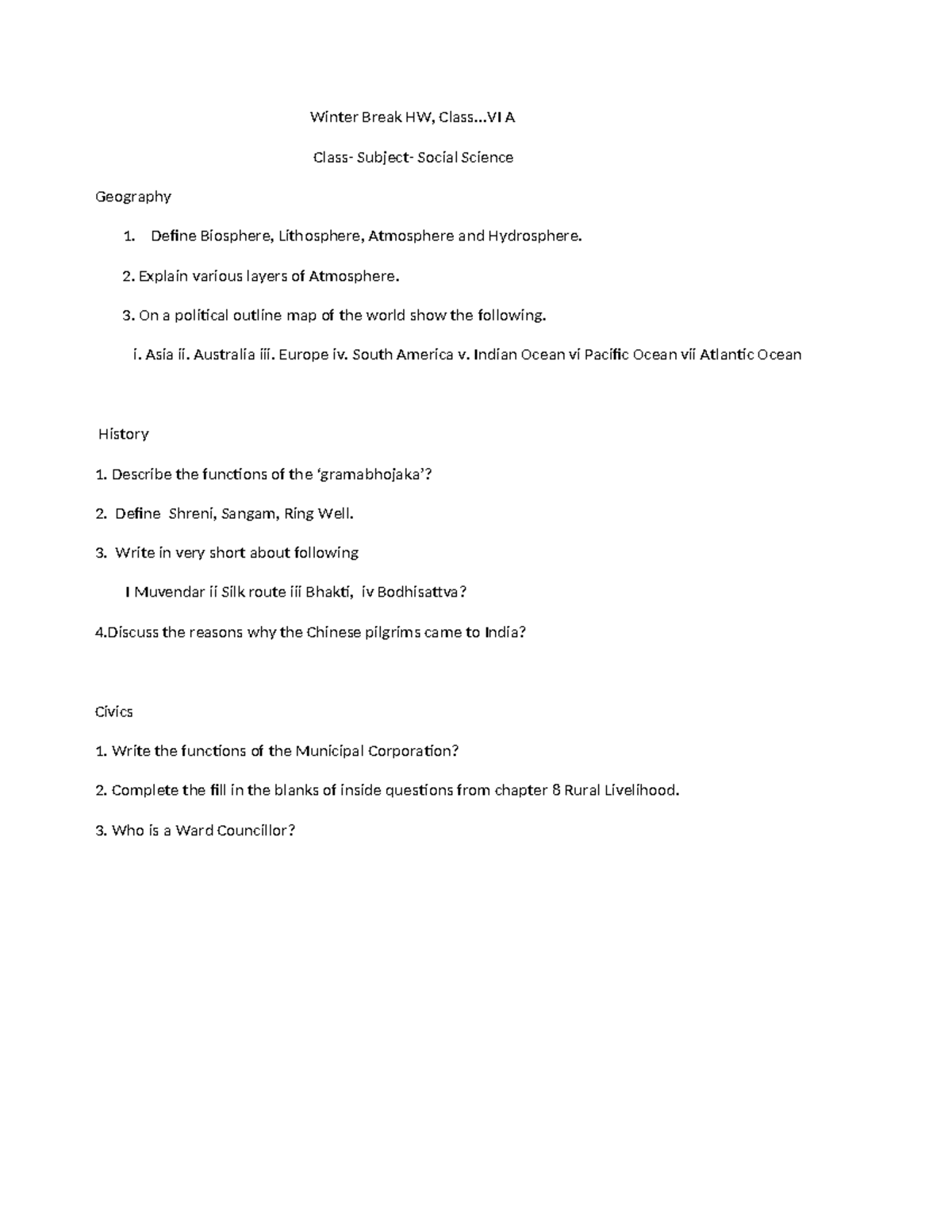 Winter Break HW - Class VI A & XID Social Science & Economics - Studocu