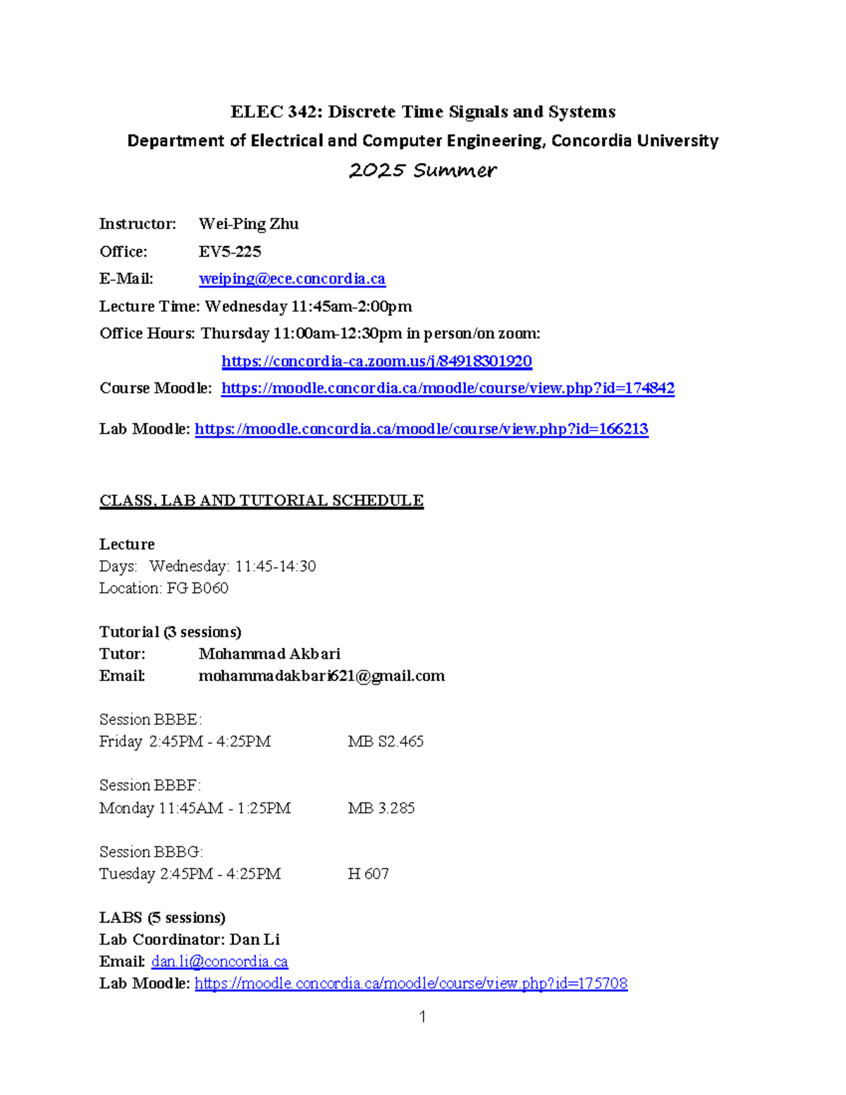 ELEC 342: Discrete Time Signals & Systems Course Outline - Summer 2025 ...