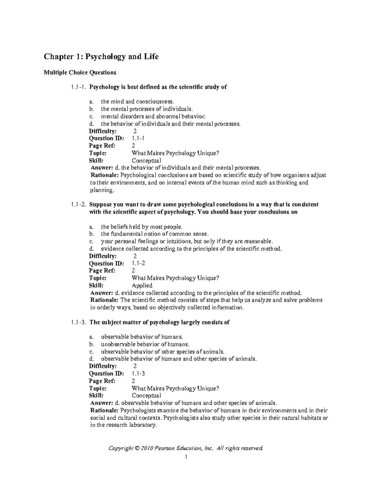 Test, questions and answers - Chapter 1: Psychology and Life Multiple ...