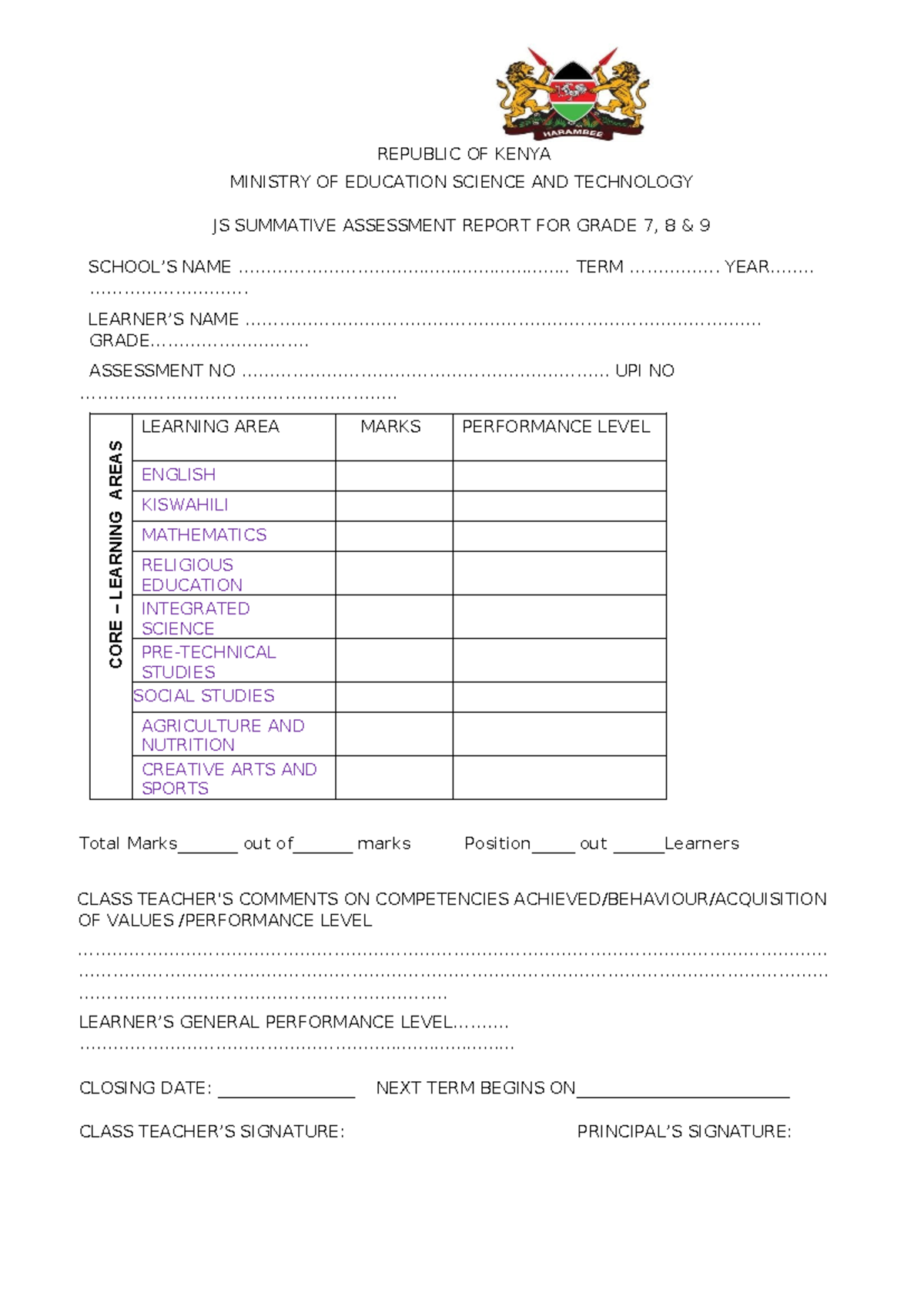 JSS Assessment Report FOR Grade 7 2024 - Copy 085501 - REPUBLIC OF ...
