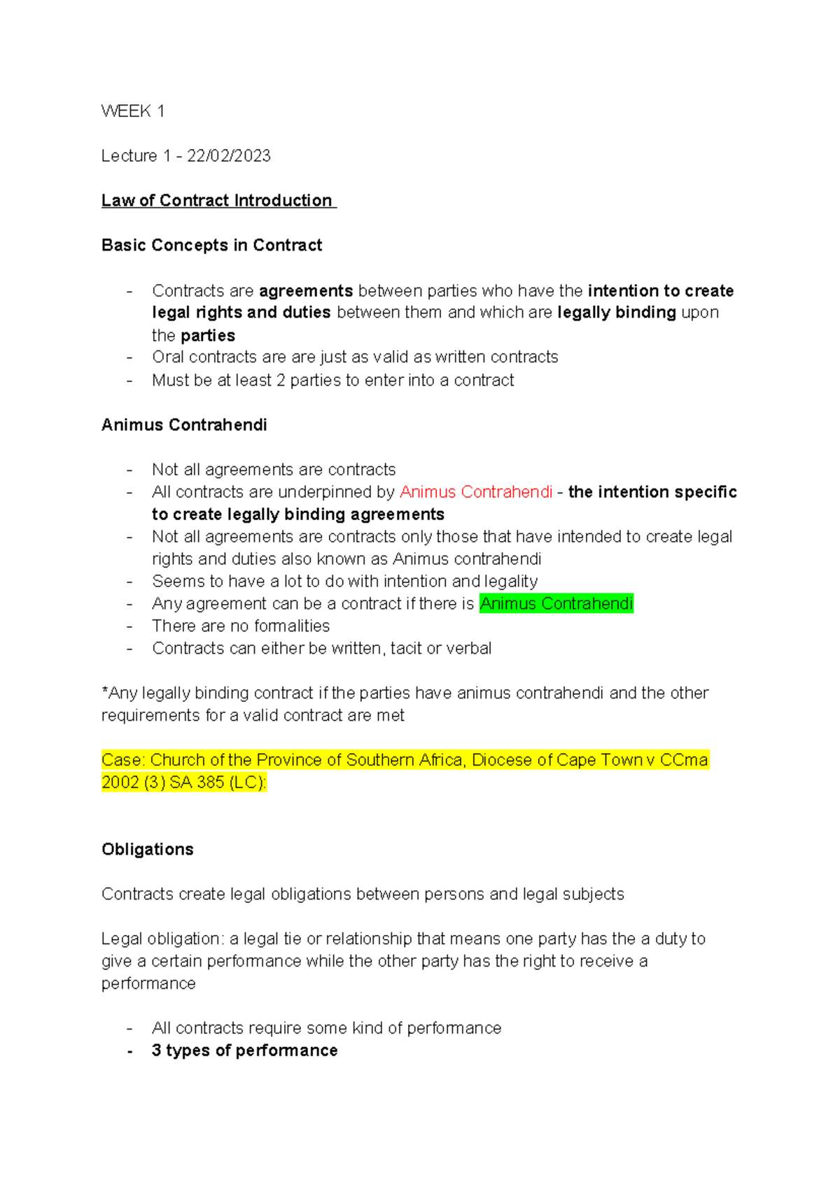 Contract Law Overview - LAWS3044 Lecture Notes and Key Concepts - Studocu