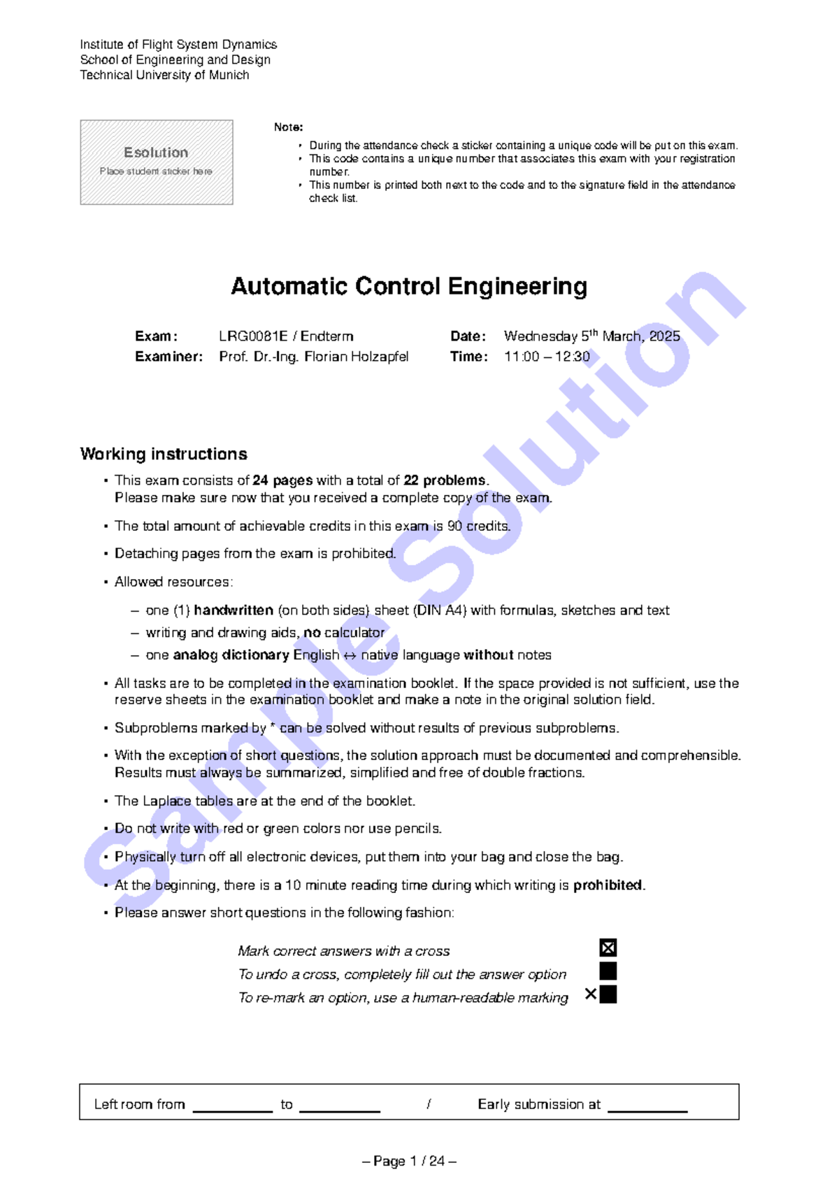 ACE LRG0081E Endterm Exam Solutions - Automatic Control Engineering ...