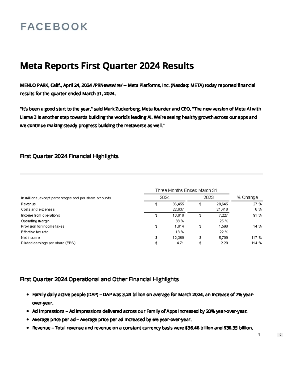Meta Reports First Quarter 2024 Results 2024 - NEWS RELEASE Meta ...