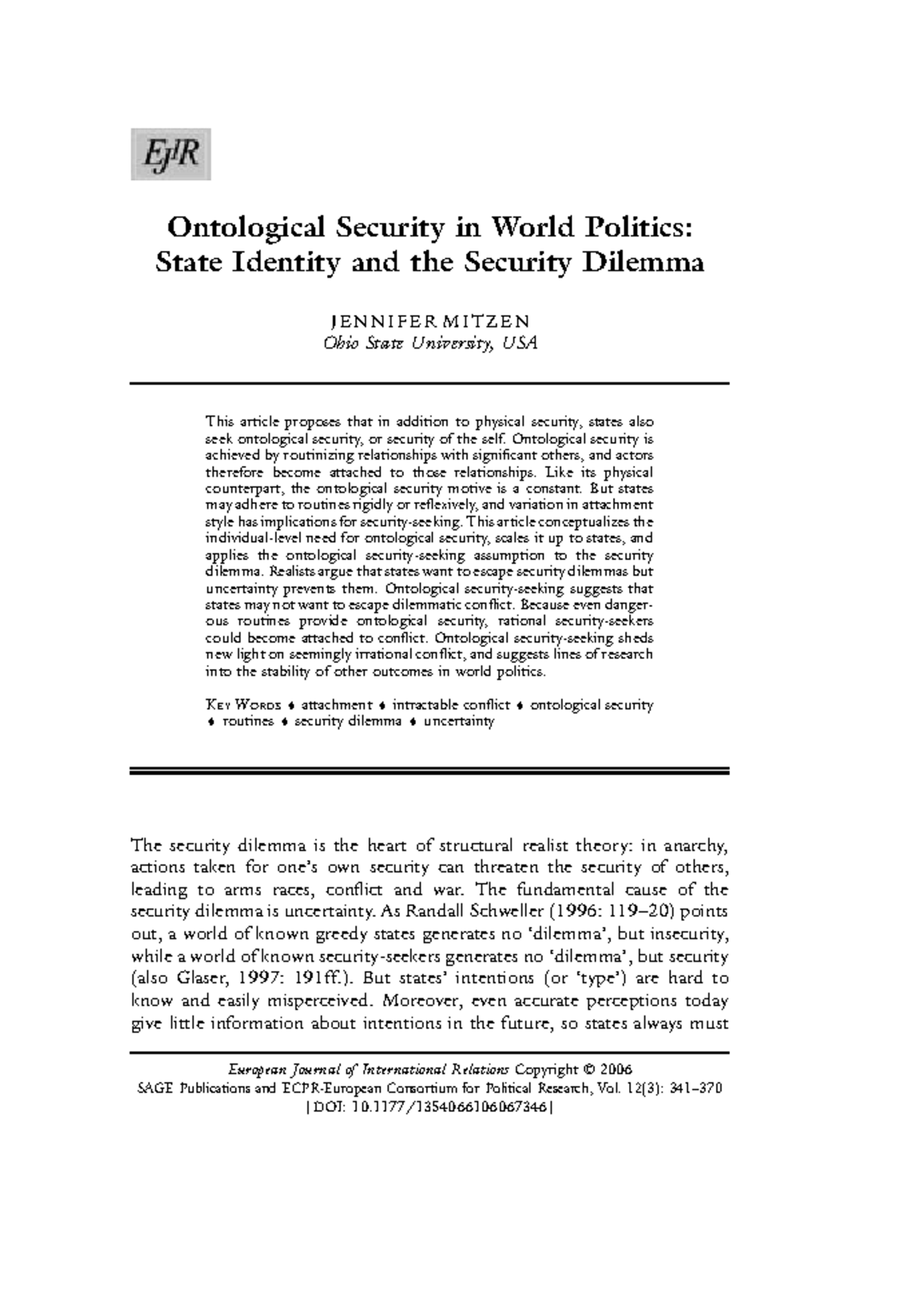 Ontological Security and the Security Dilemma in World Politics (POLS ...