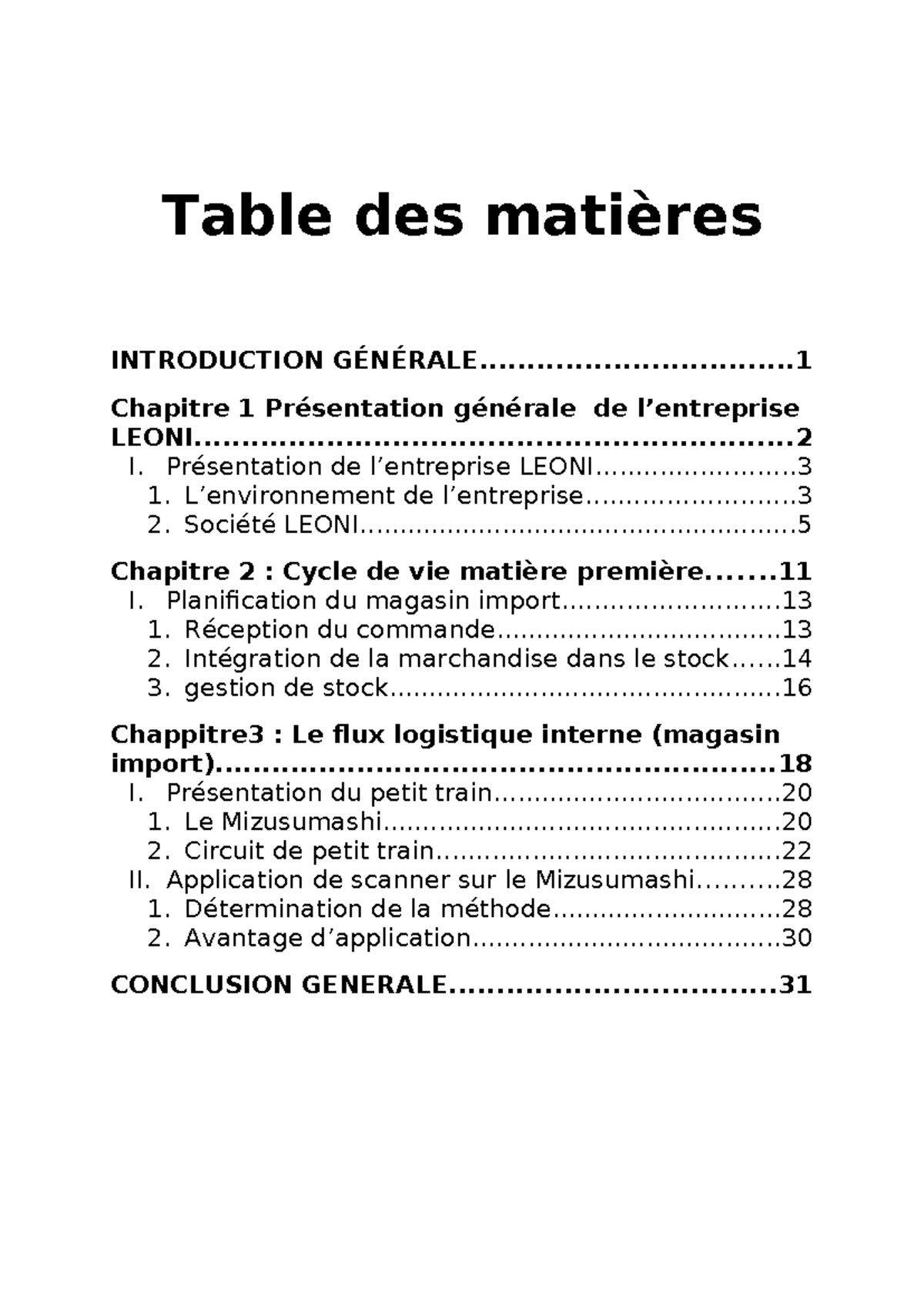 Rapport PFF sur la Gestion Logistique chez LEONI TUNISIE (LTN) - Studocu