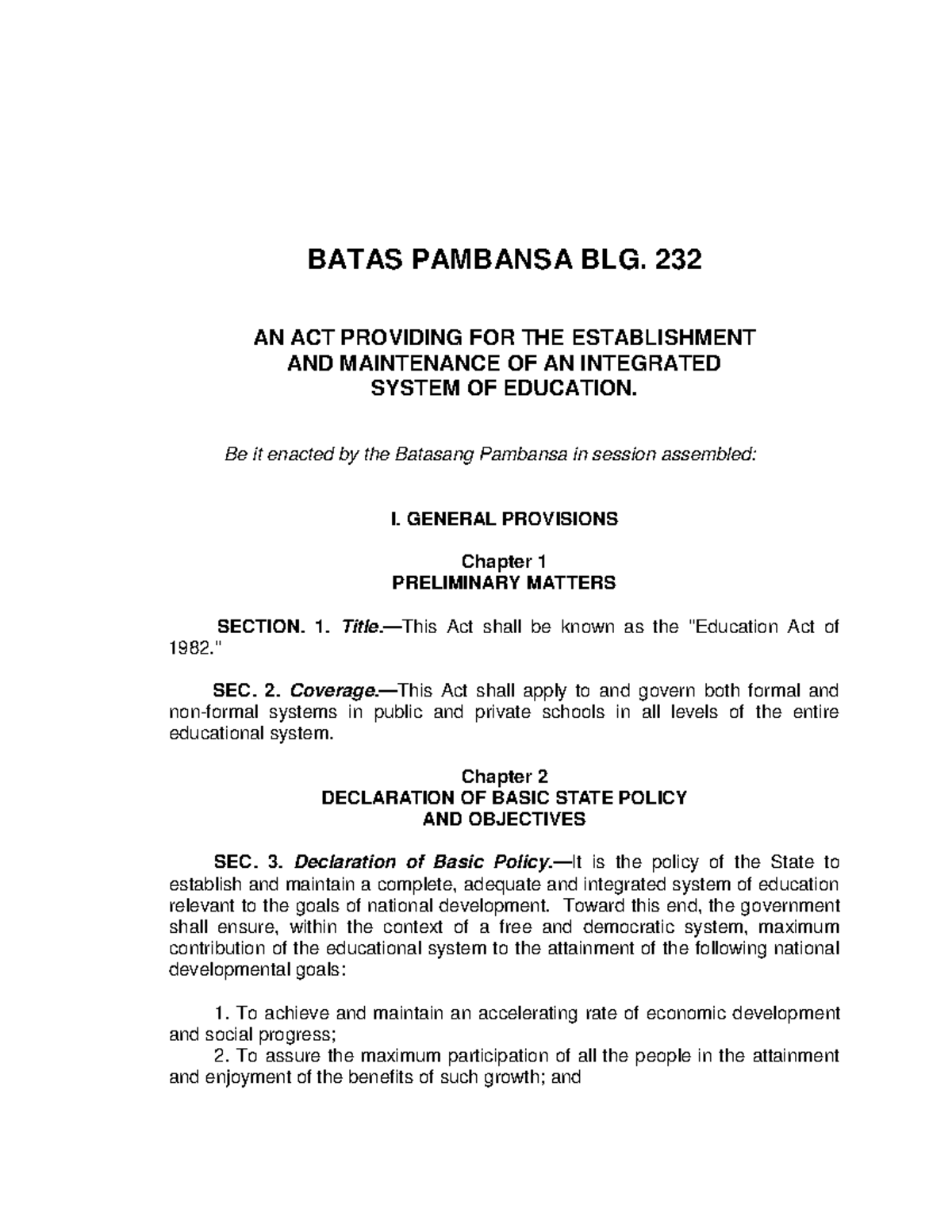 Batas Pambansa Blg. 232: The Education Act of 1982 Explained - Studocu