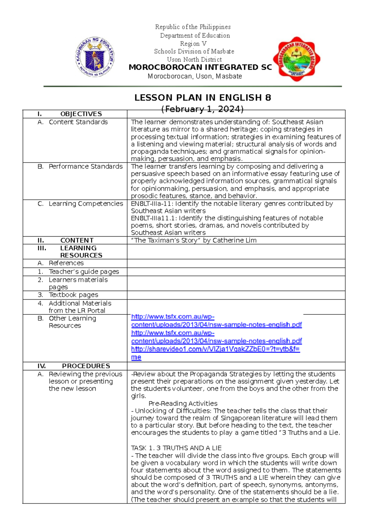 **Lesson Plan Sample for English 8 - Feb. 01, 2024: Southeast Asian ...