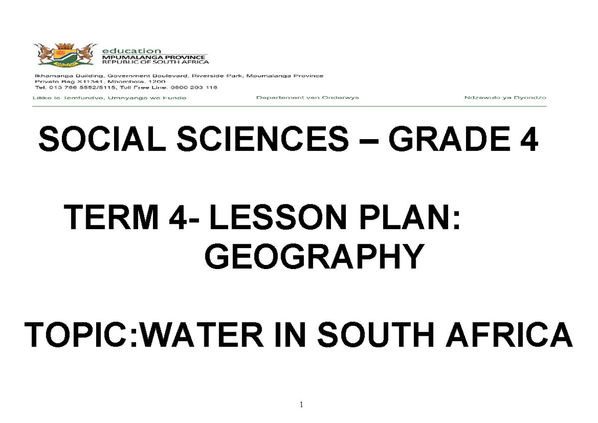 SOCIAL SCIENCES GRADE 4 TERM 4 LESSON PLAN: WATER IN SOUTH AFRICA - Studocu