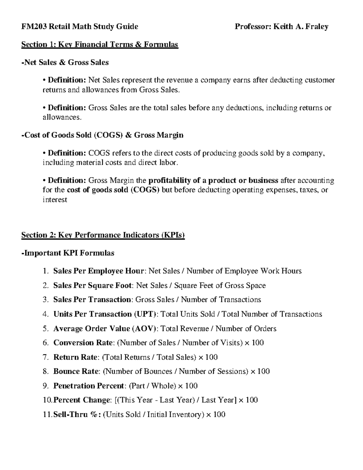FM203 Retail Math Study Guide: Key Financial Terms & KPIs - Studocu
