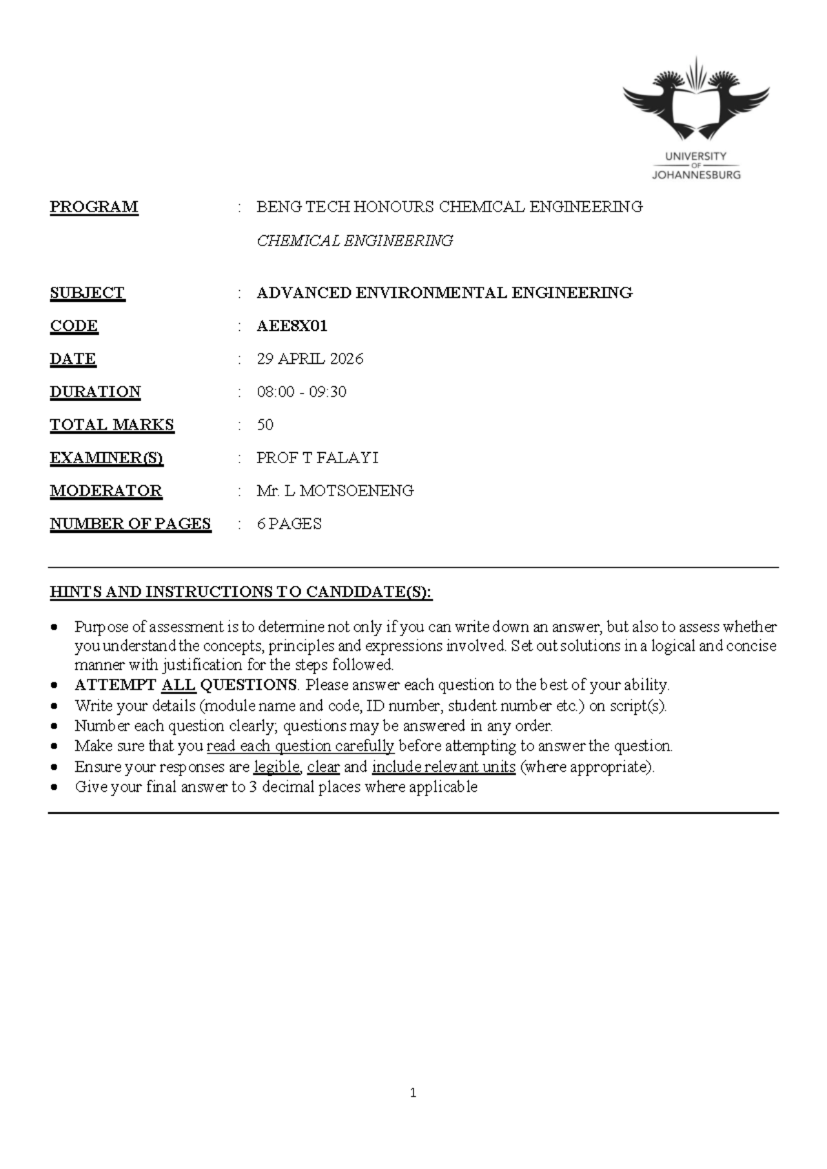 AEE8X01 Advanced Environmental Engineering Test 2 Memo 2026 - Studocu