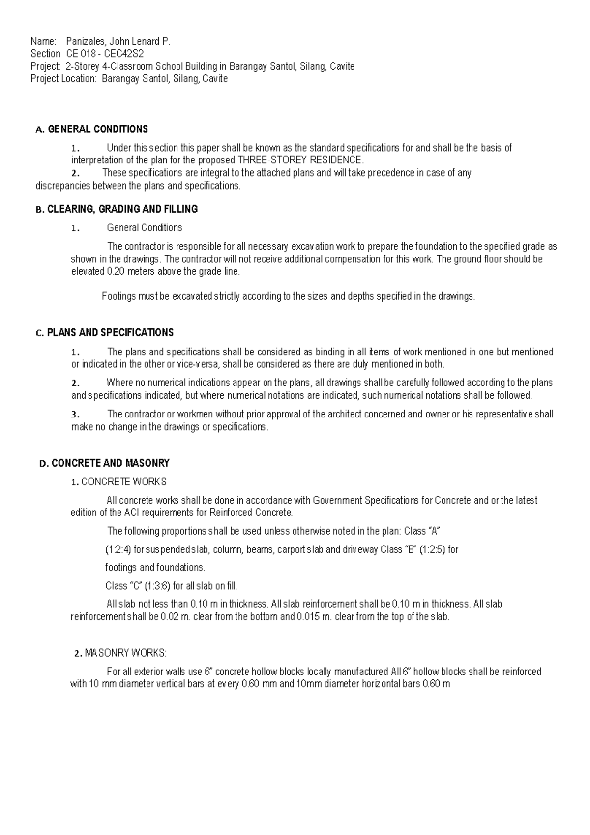 Specifications for School Building Project CE 018 CEC42S2 - Studocu
