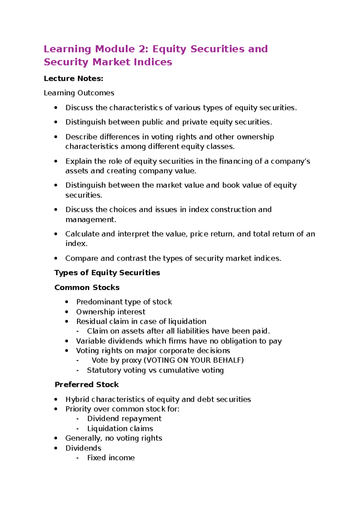 FIN 301: Equity Securities & Market Indices Lecture Notes - Studocu