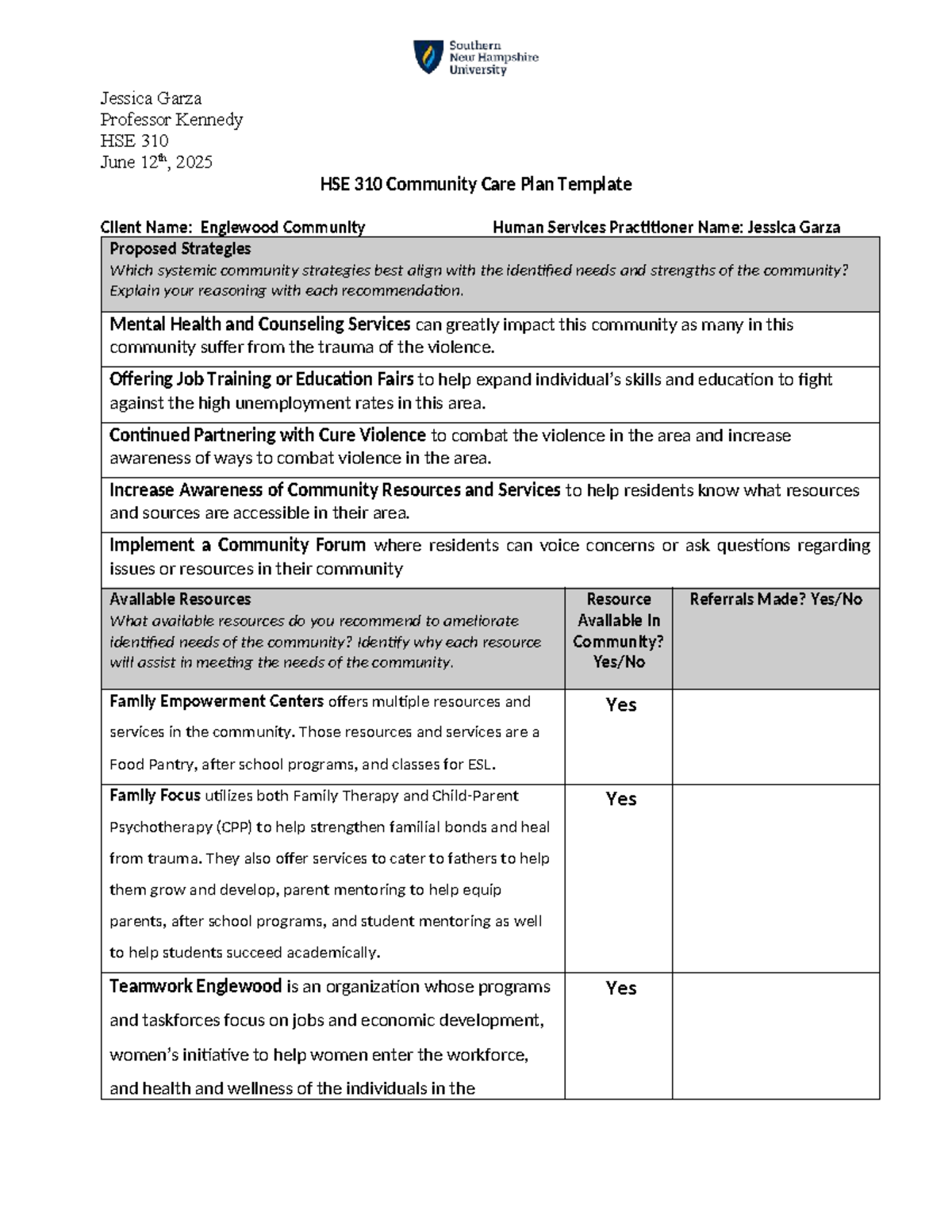 HSE 310 Final Exam Community Care Plan for Englewood Community - Studocu