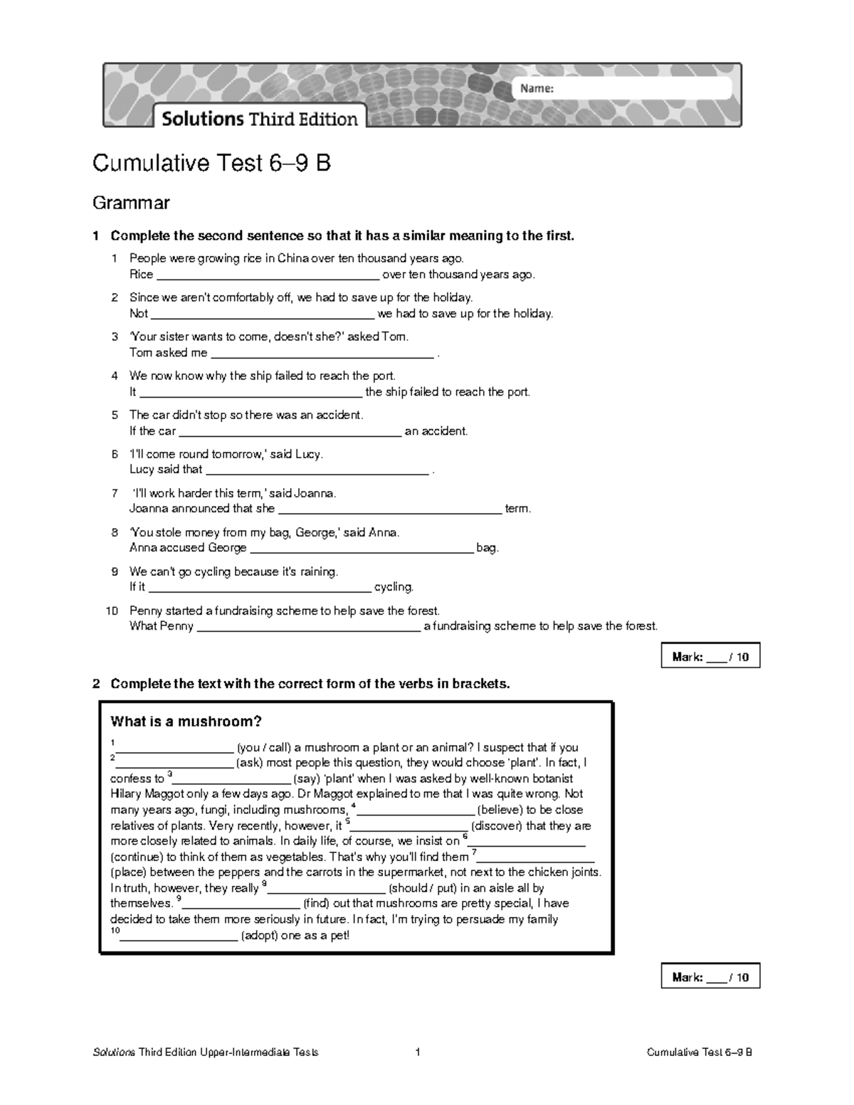 Sol3e uppint cumulative test 6-9 b - Cumulative Test 6–9 B Grammar 1 ...