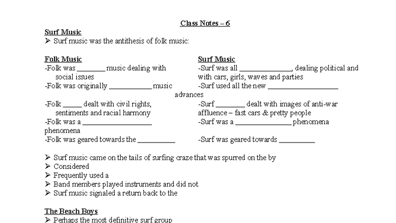 Class Notes - Week 6: The Evolution of Surf Music and The Beatles - Studocu