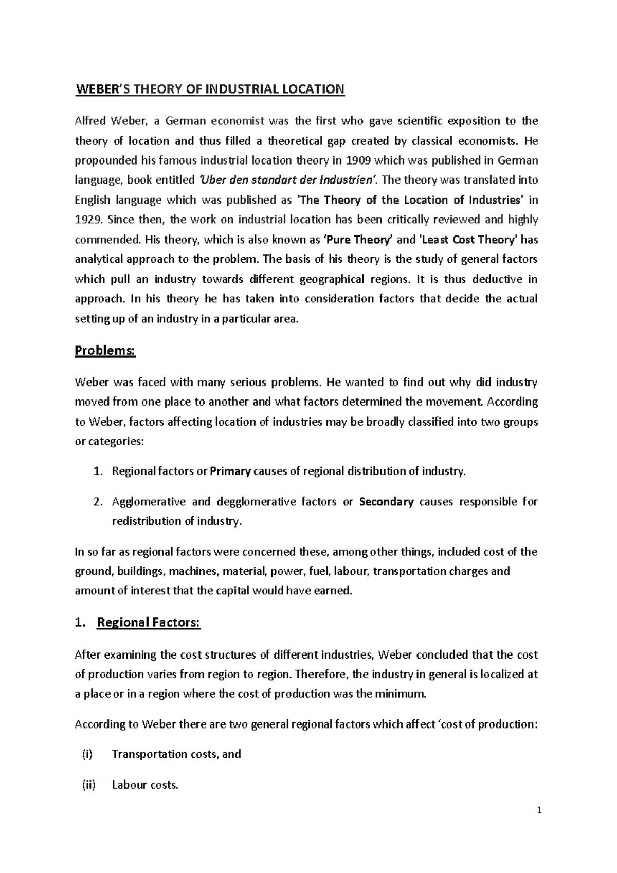 Alfred Weber's Industrial Location Theory - Lecture Notes - Studocu