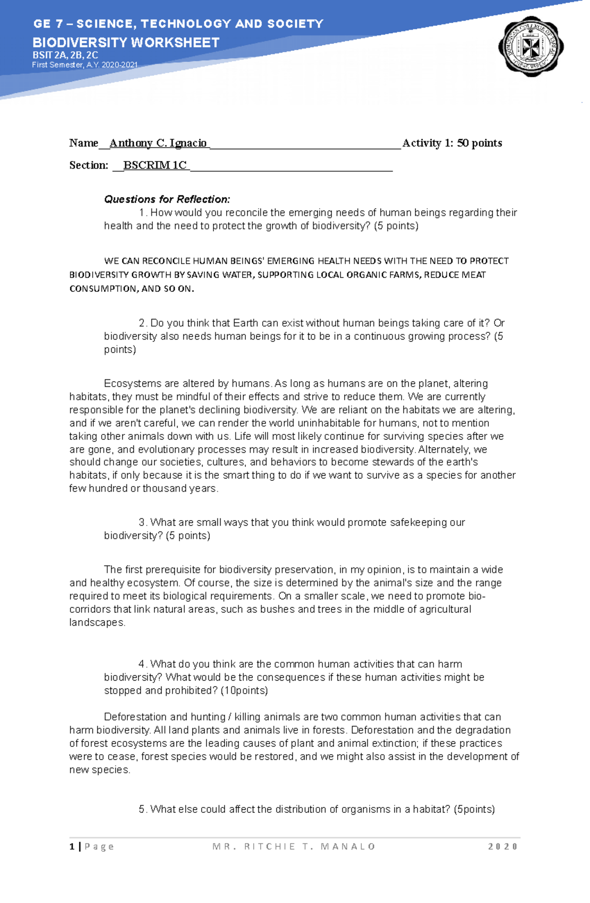 GMO-worksheet 1 - jisiansgannaks snsjjabd - GE 7 – SCIENCE, TECHNOLOGY ...