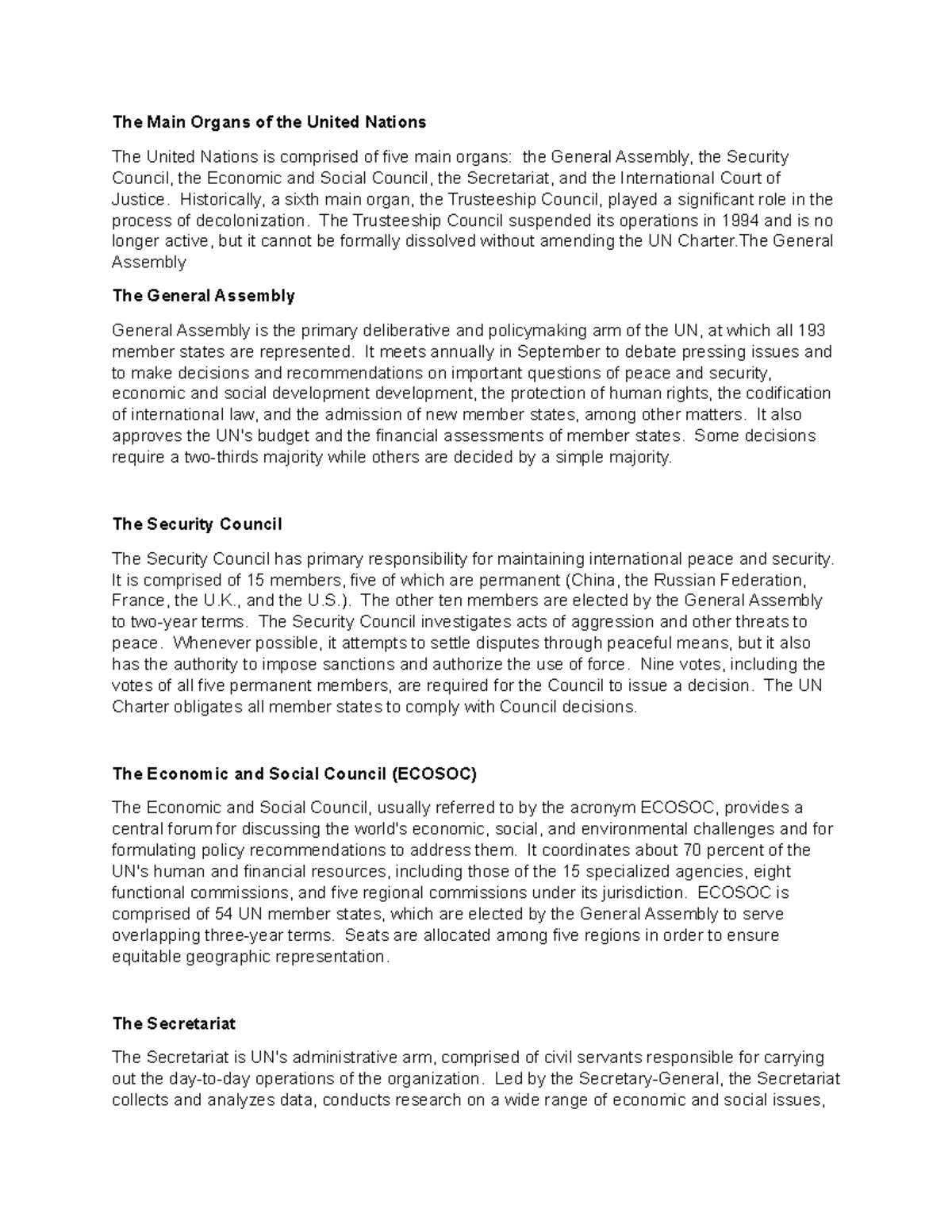 Main Organs of the United Nations - Overview and Functions - Studocu