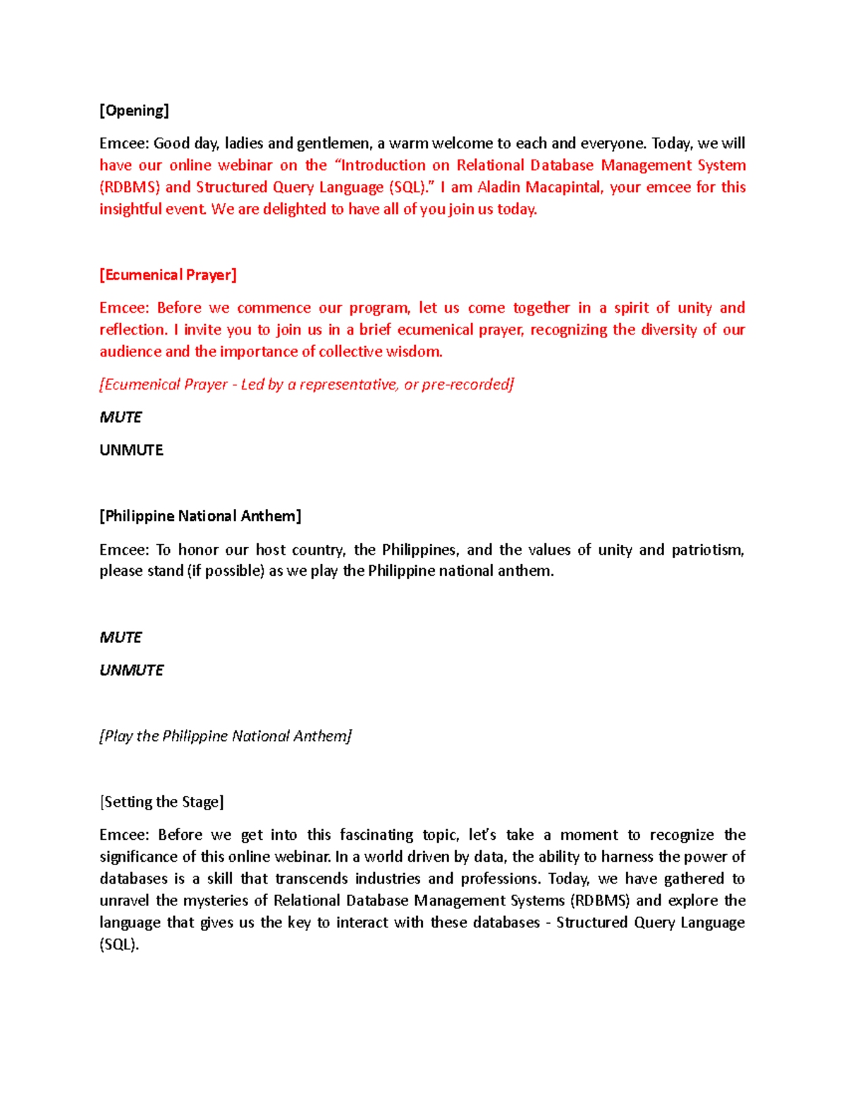 Emcee script - [Opening] Emcee: Good day, ladies and gentlemen, a warm ...