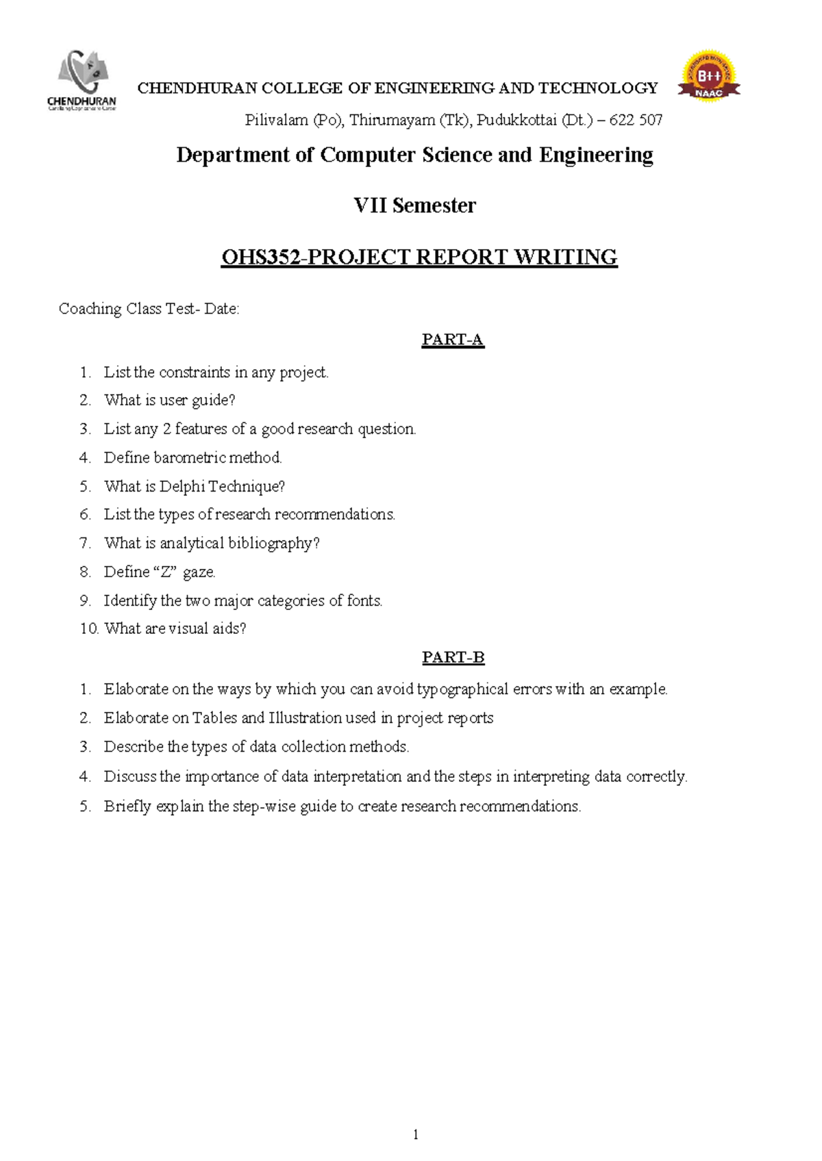 OHS352-Project Report Writing - Coaching Class Test Model Questions ...
