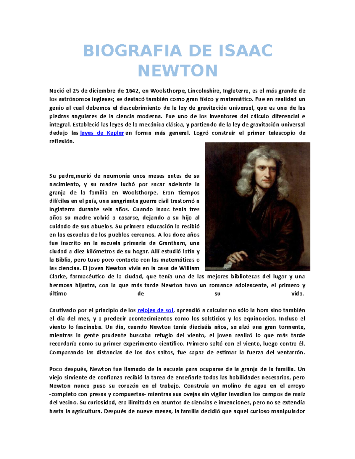 Biografia DE Isaac Newton - BIOGRAFIA DE ISAAC NEWTON Nació el 25 de ...