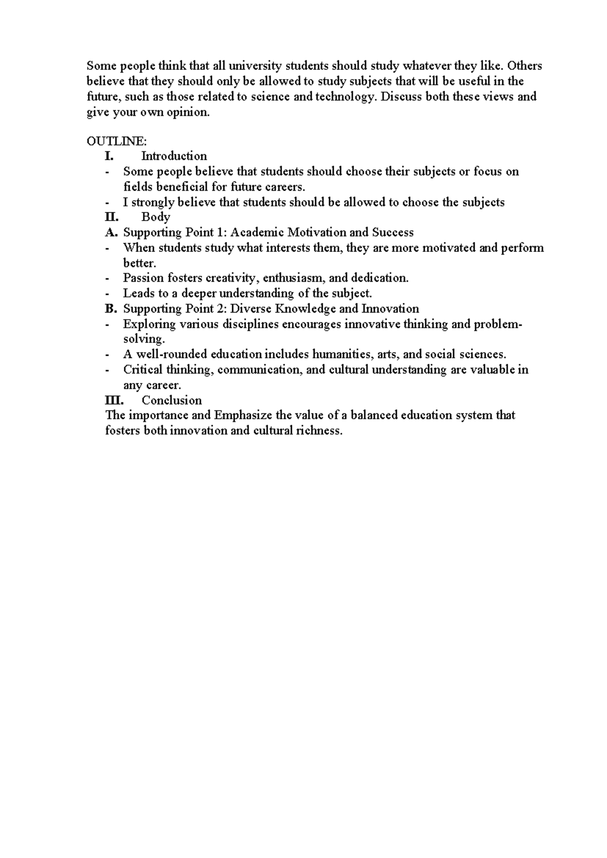 Subjects - Outline for essay on university study preferences - Studocu
