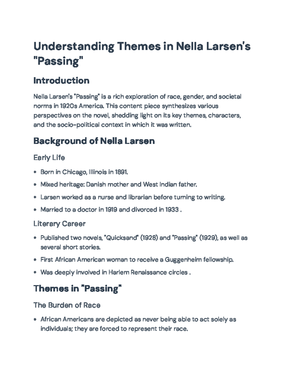Themes and Character Analysis of Nella Larsen's "Passing" (ENG 202 ...