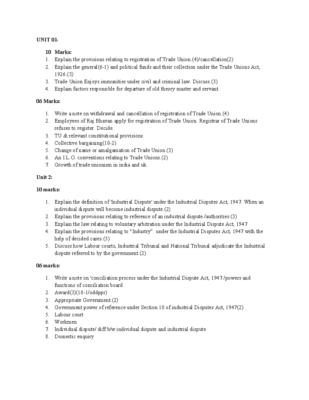 Labour Law Study Notes: Trade Unions & Industrial Disputes (Unit 0110 ...