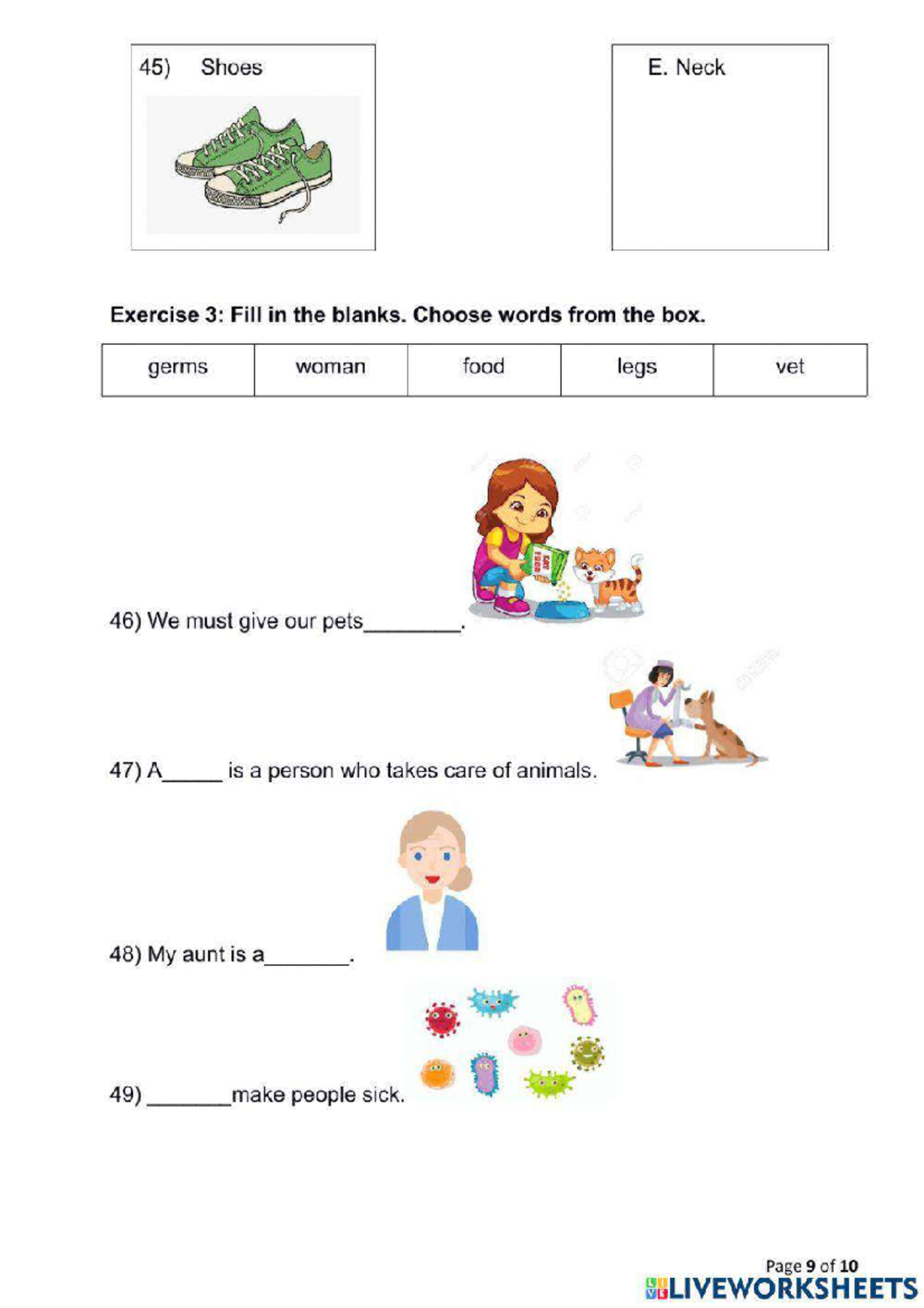 Science Worksheet: Body Parts and Animal Care Activities - Studocu