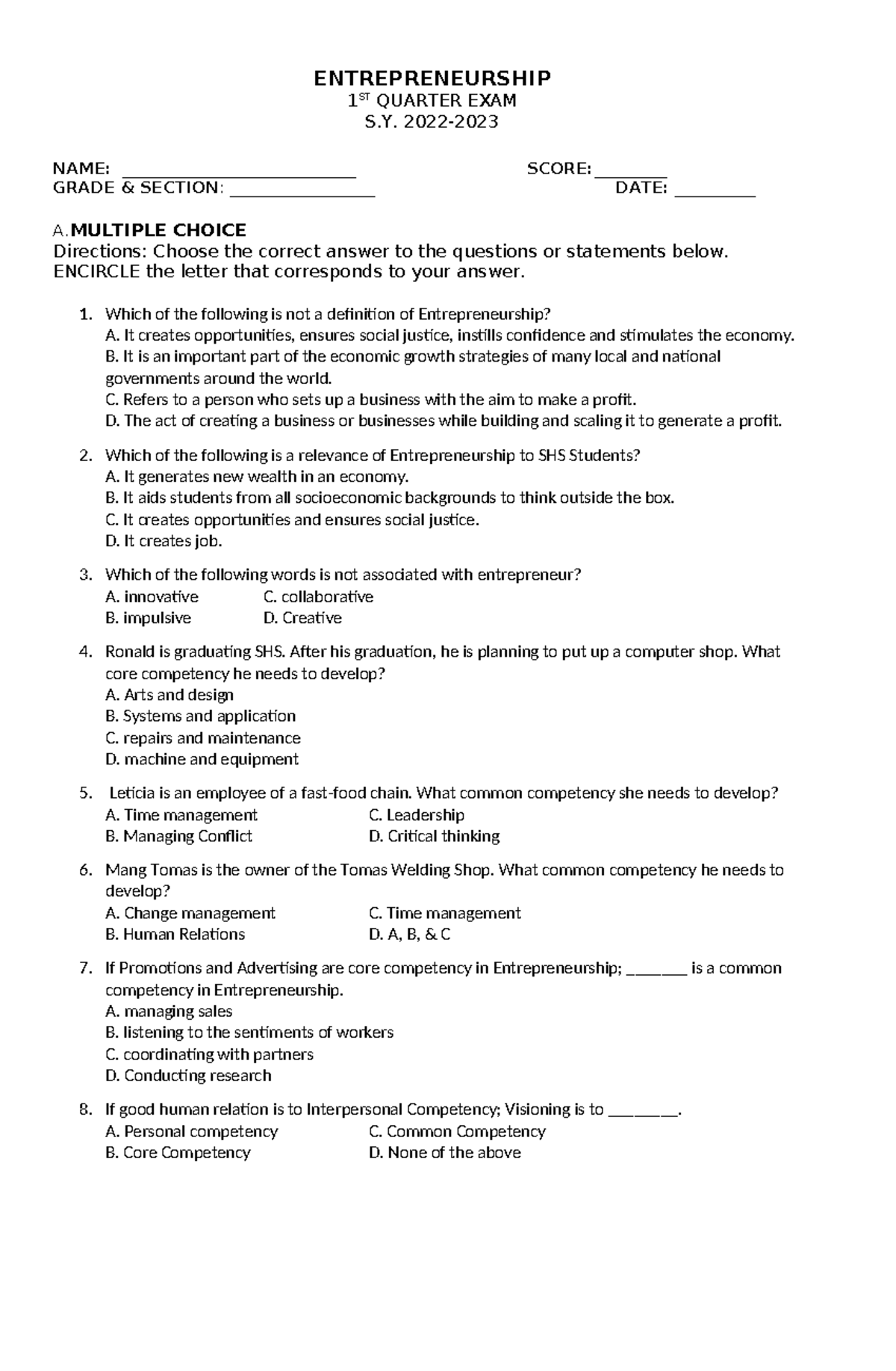 1ST Quarter Exam Review - Entrepreneurship (S.Y. 2022-2023) - Studocu