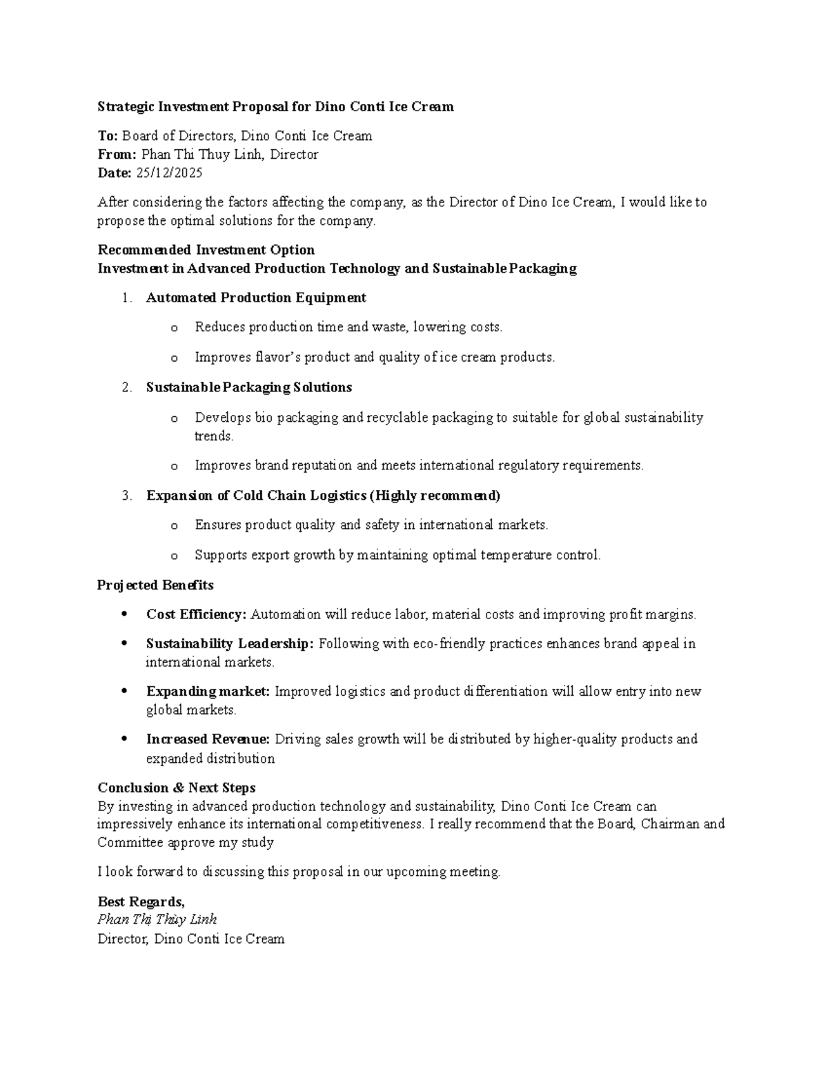 Strategic Investment Proposal for Dino Conti Ice Cream - Studocu