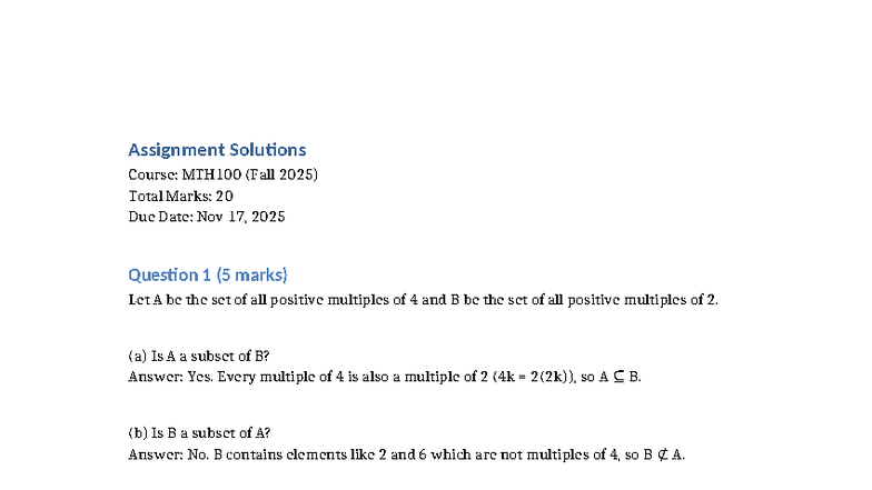 MTH100 Assignment 02 Solutions (Fall 2025) - Total Marks: 20 - Studocu