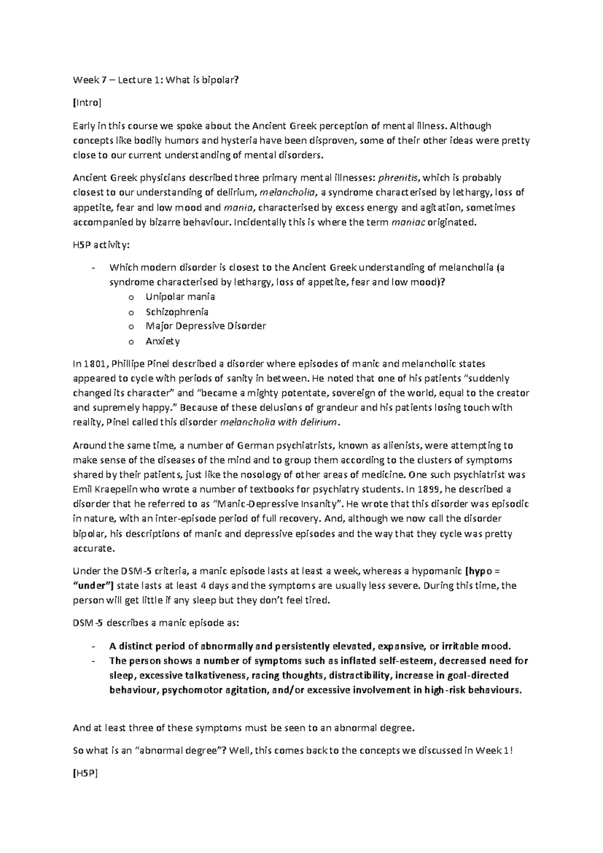 Week 7 Lecture 1: Understanding Bipolar Disorder and Its History - Studocu